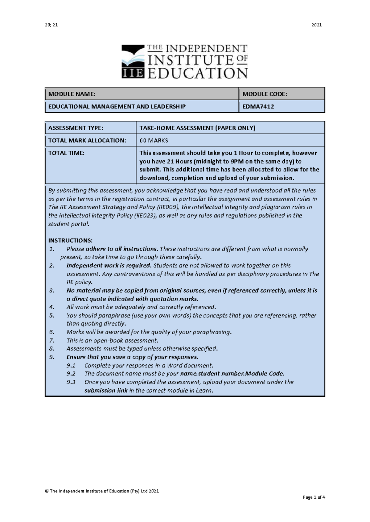 EDMA7412Ta THT1 S2 - edma - © The Independent Institute of Education ...