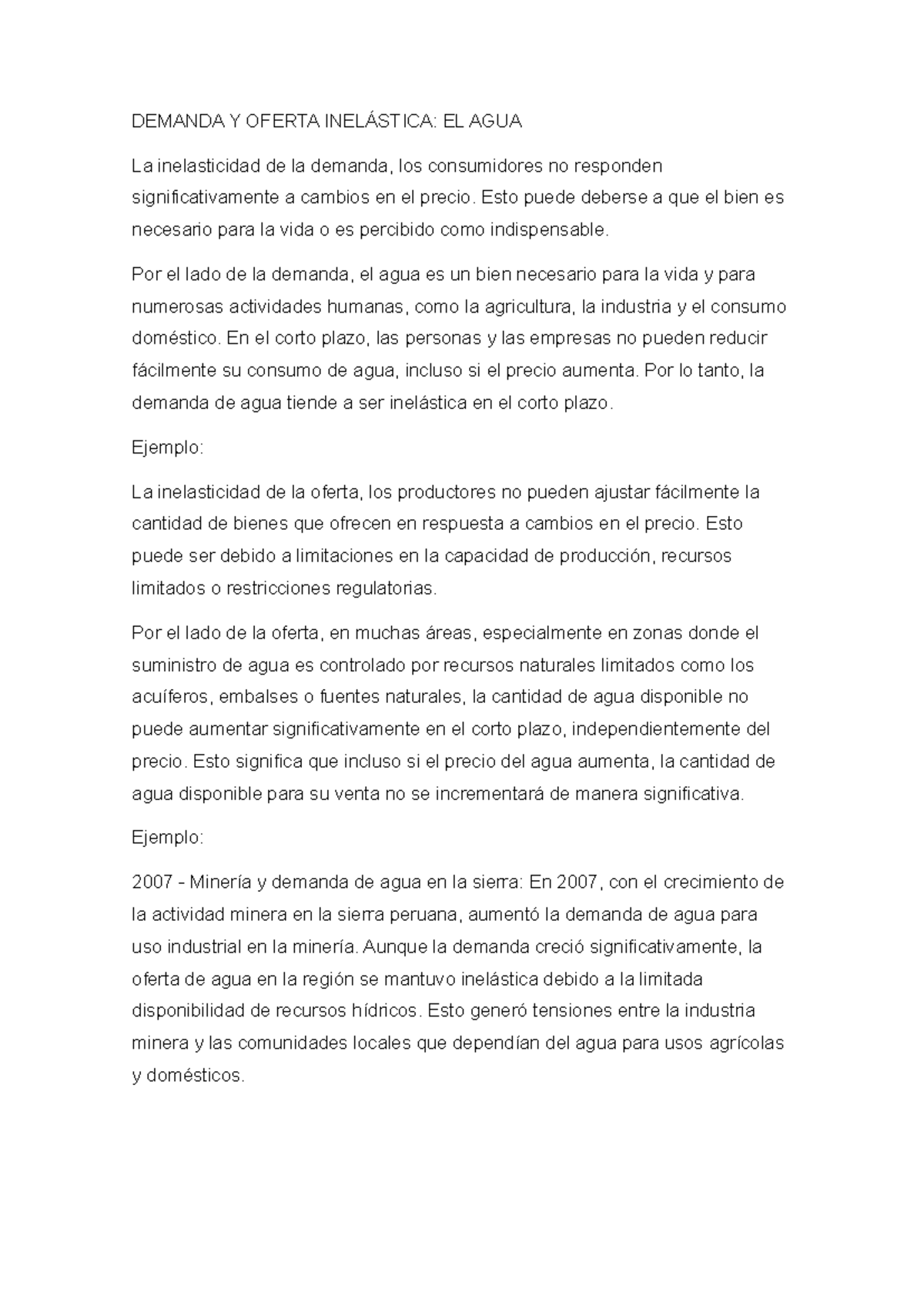 Demanda Y Oferta Inelástica - DEMANDA Y OFERTA INELÁSTICA: EL AGUA La ...
