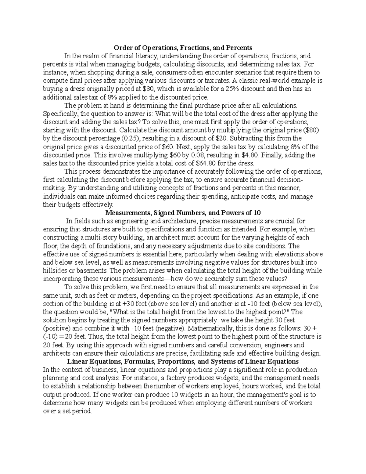 Assessment 5 - Order of Operations, Fractions, and Percents In the ...