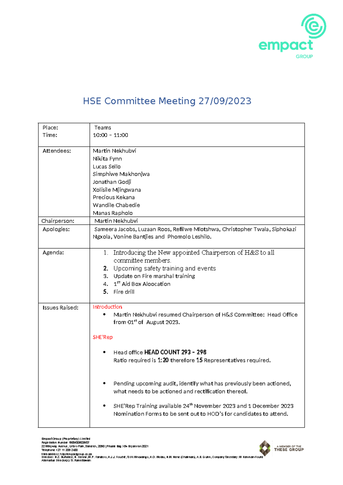 HSE Commitee Meeting Minutes 13-09-2022 - HSE Committee Meeting 27/09 ...