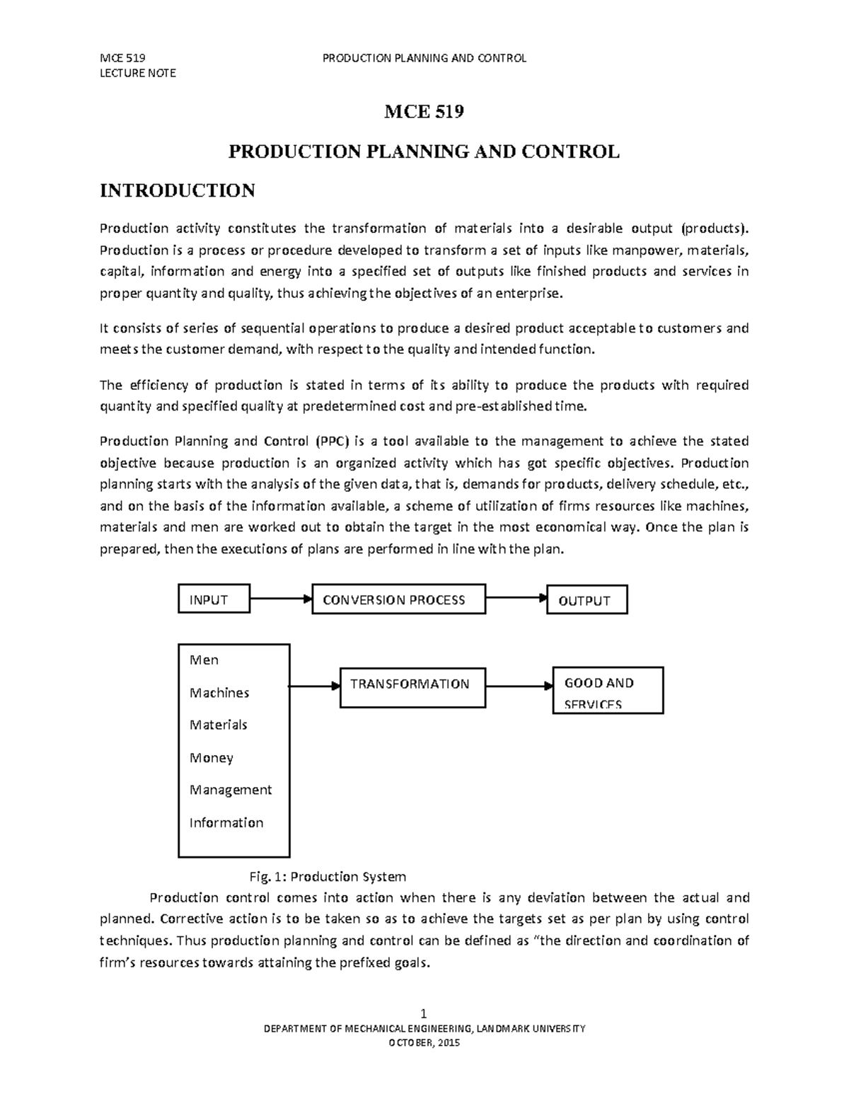 MCE519 - PPC - Notes - LECTURE NOTE 1 DEPARTMENT OF MECHANICAL ...