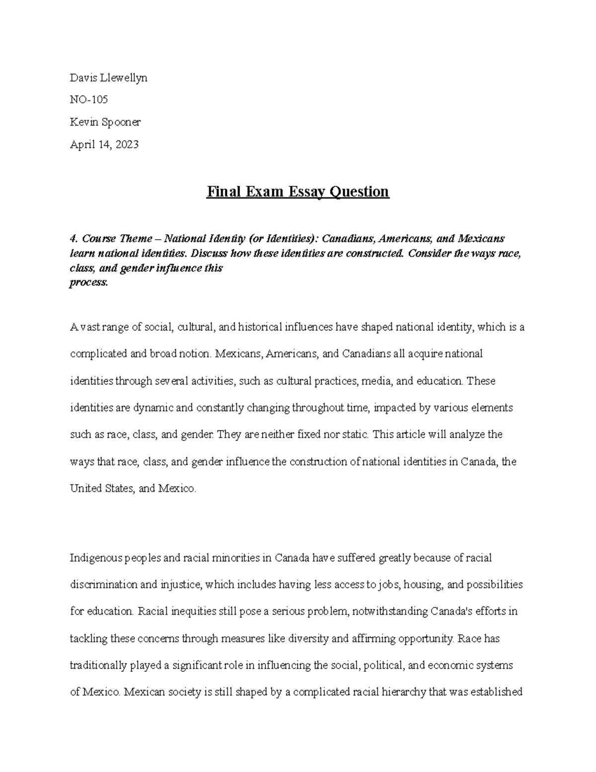 BBB Final Exam Essay - Breif notes - Davis Llewellyn NO- Kevin Spooner ...