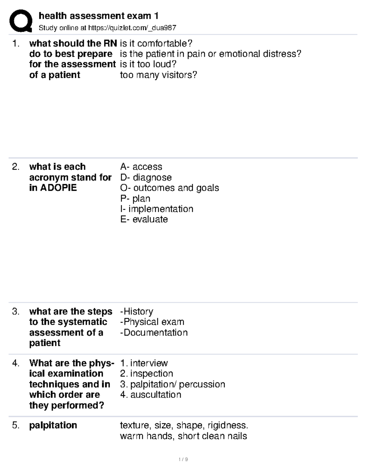 Health assessment exam 1 - Study online at quizlet/_dua what should the ...