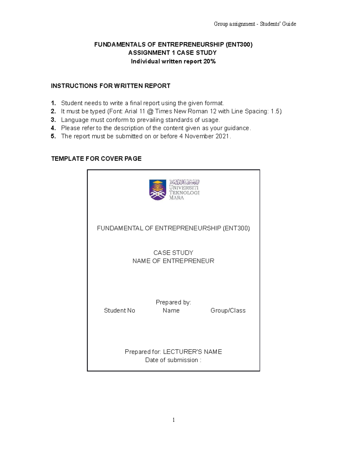 ENT300 Assignment 1 General Guidelines 2021 - Mechanical Engineering ...
