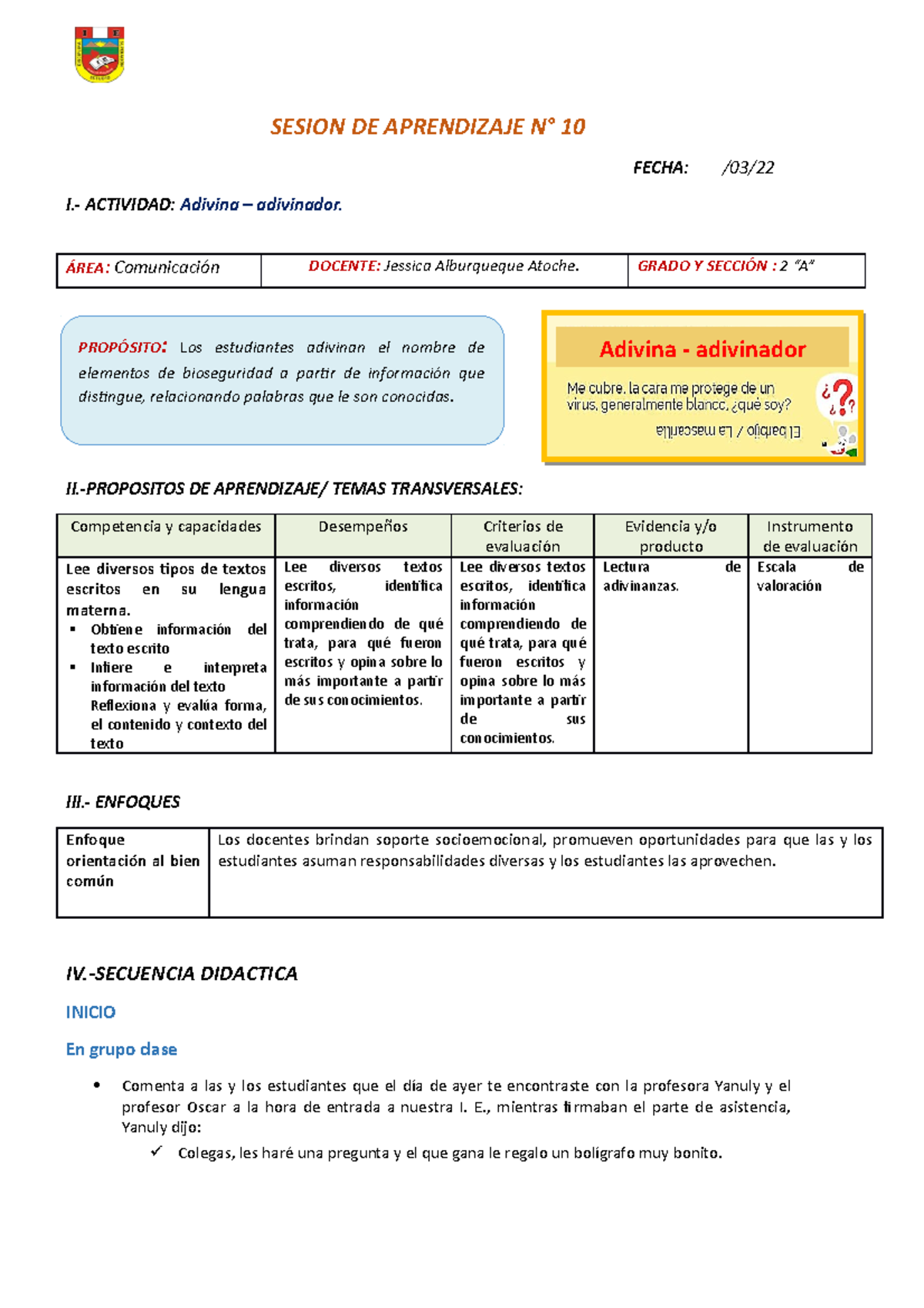 Sesion COM. Adivina Adivinador, - SESION DE APRENDIZAJE N° 10 FECHA ...