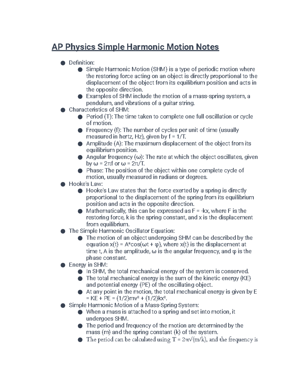 AP Physics Simple Harmonic Motion Notes - Examples of SHM include the ...