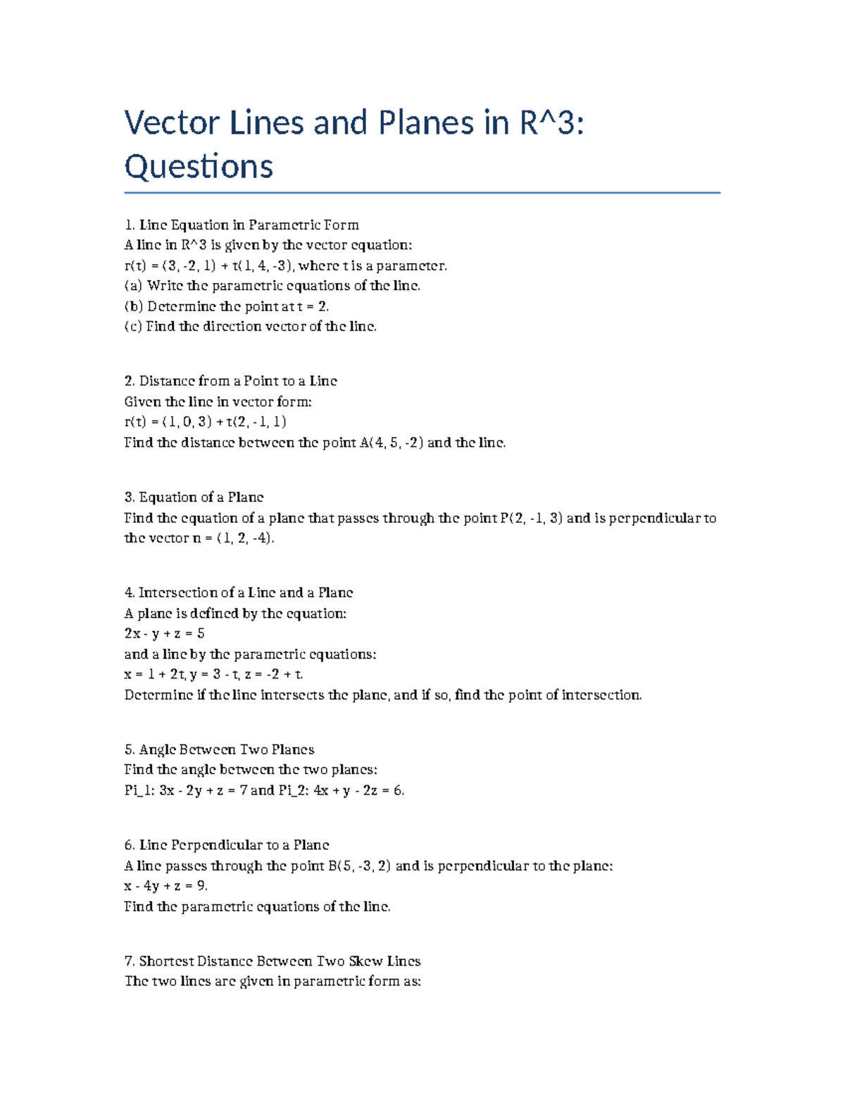 Vector lines planes questions - Vector Lines and Planes in R^3 ...