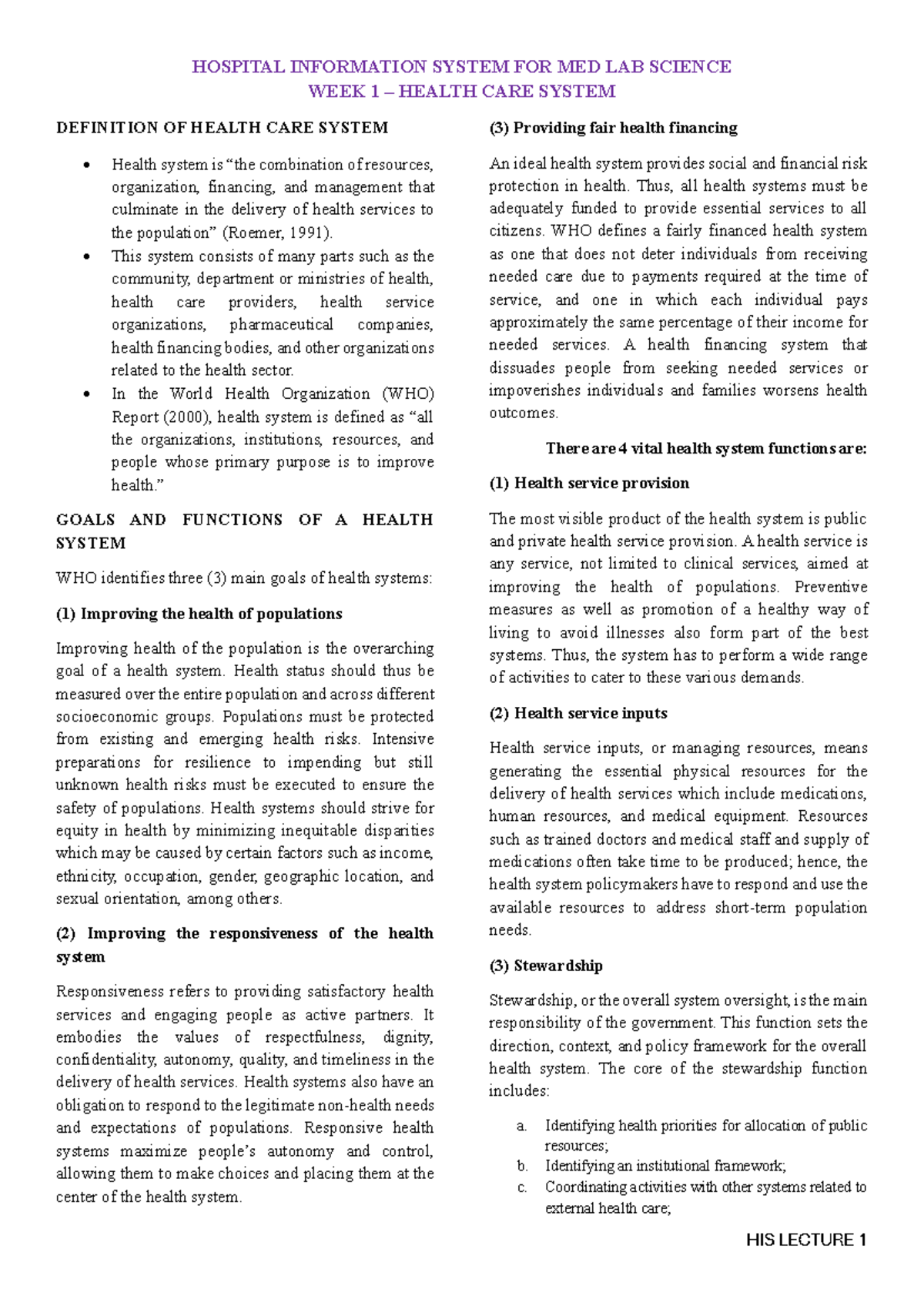 HIS - HOSPITAL INFORMATION SYSTEM FOR MED LAB SCIENCE WEEK 1 – HEALTH ...