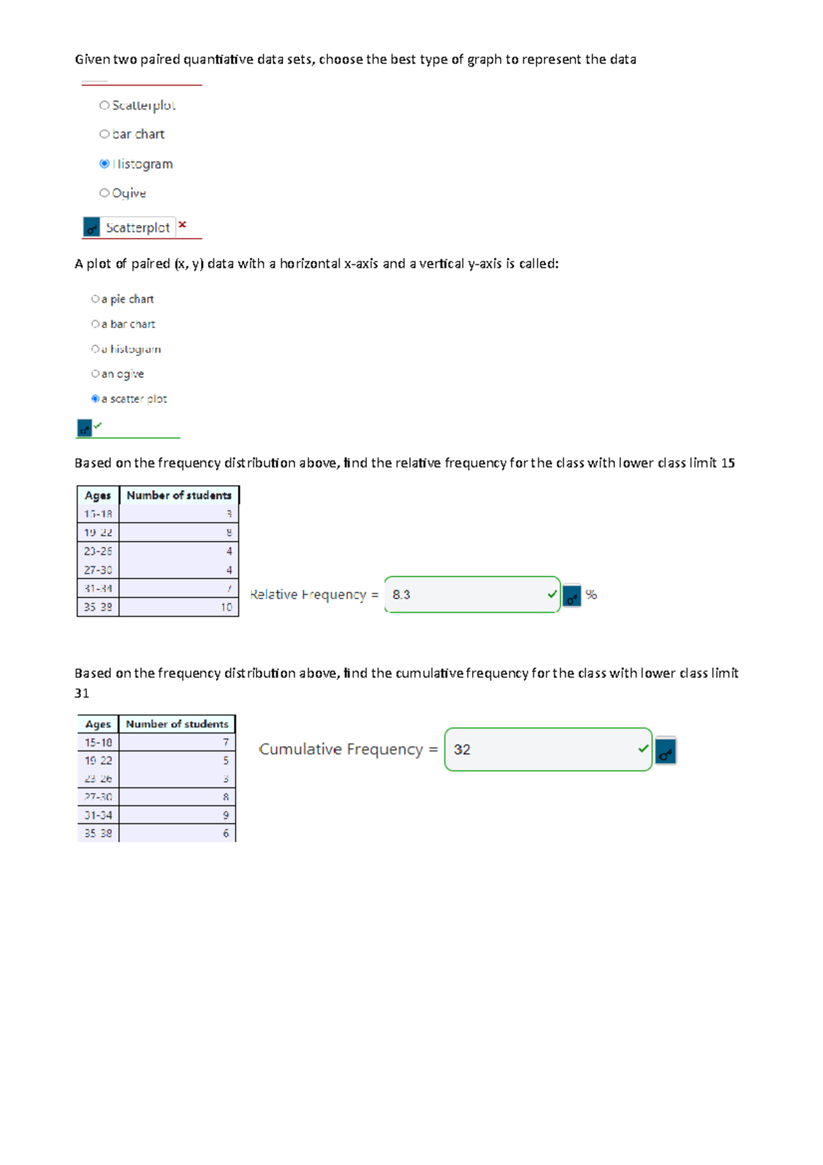 Exam questions - quiz - Given two paired quantiative data sets, choose ...