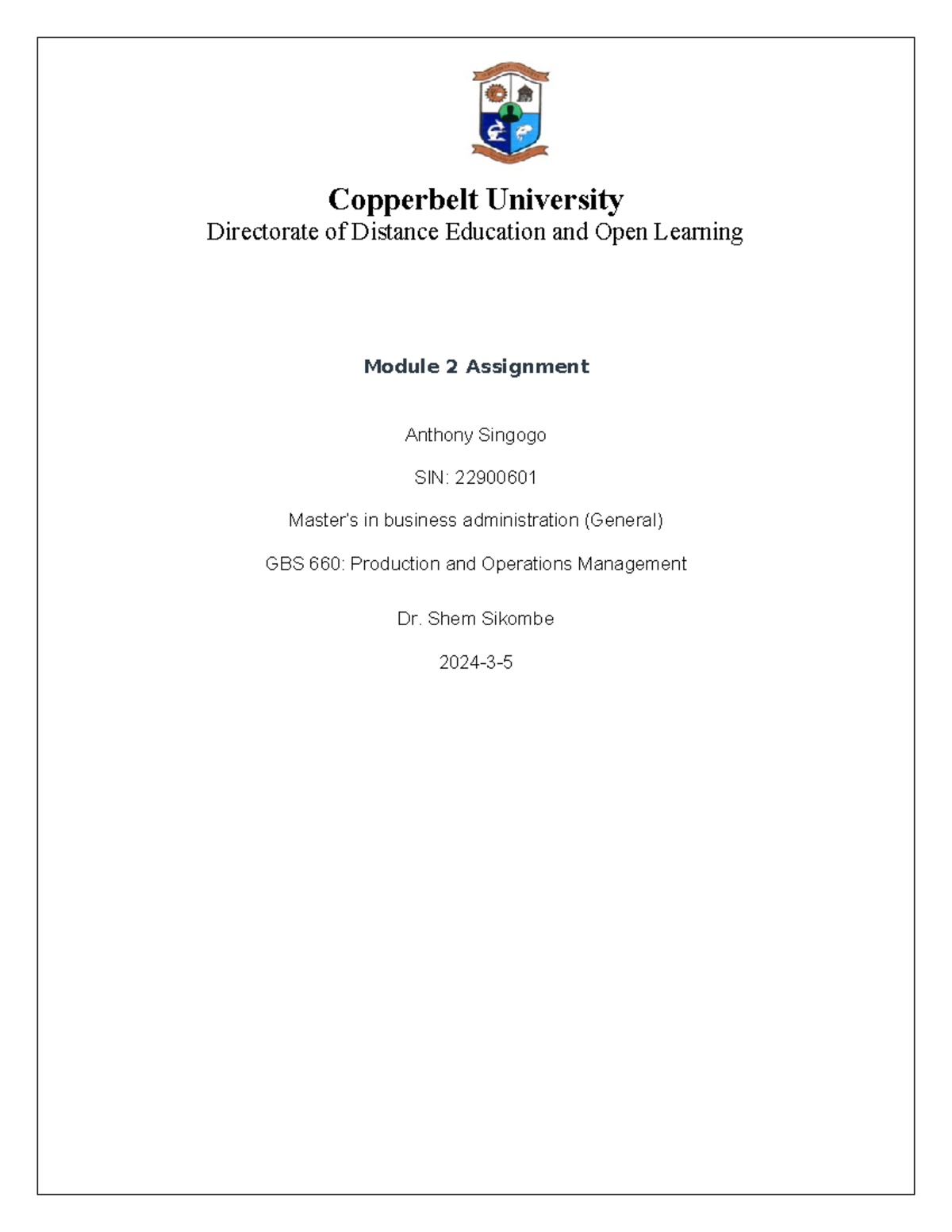 Module 2 Assignment - Copperbelt University Directorate of Distance ...