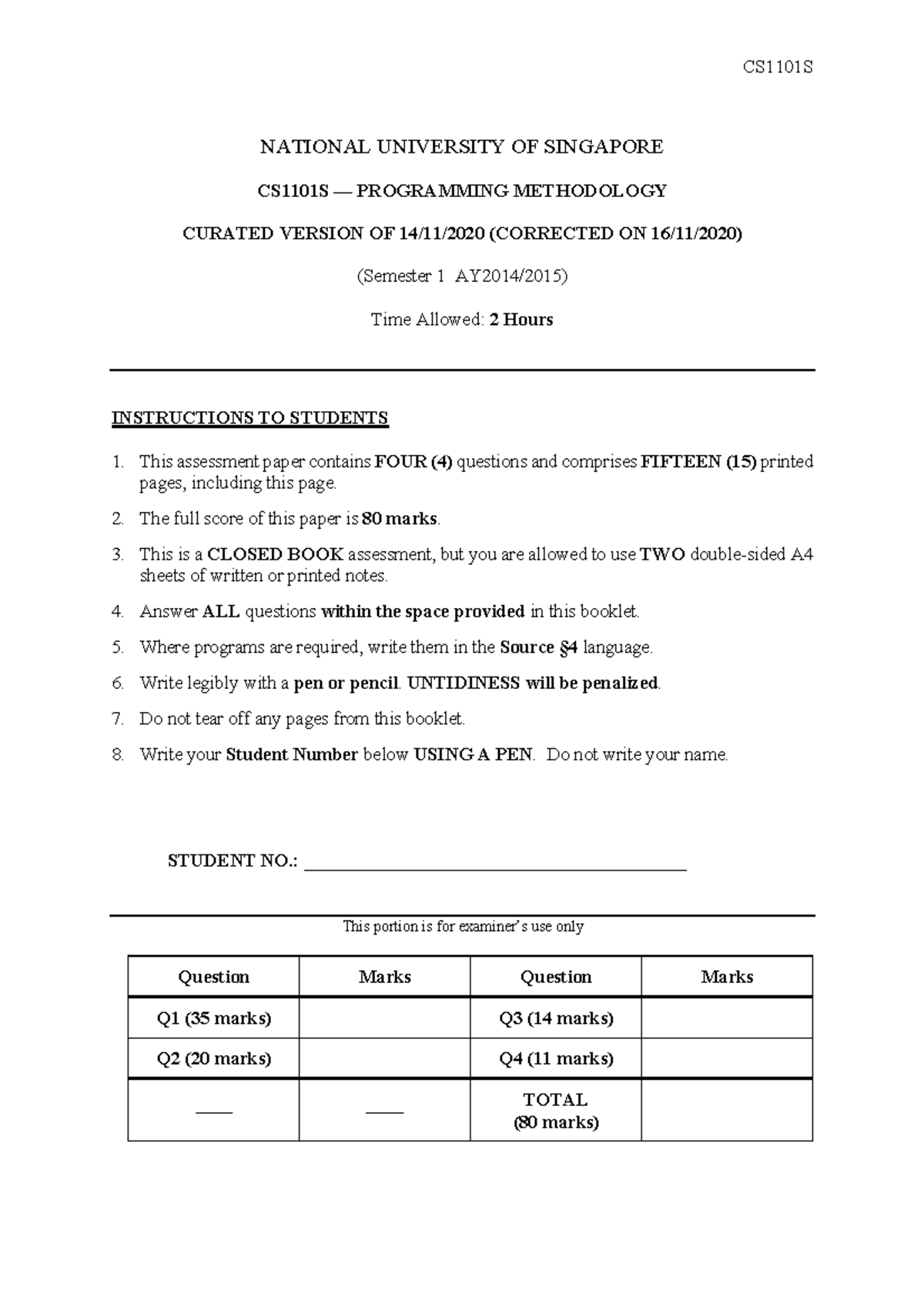 CS1101S 2014/15 Final Examination Past Year Paper - CS1101S - NUS - Studocu