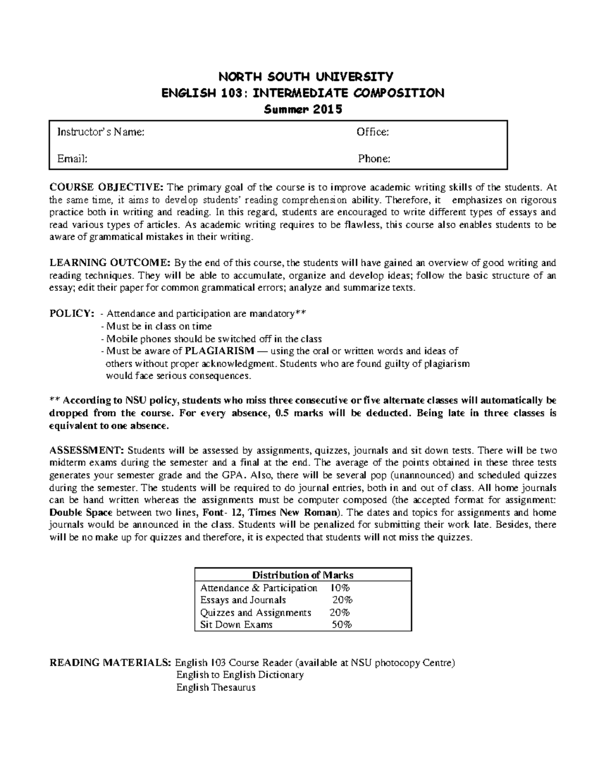 (Syllabus) ENG-103 - NORTH SOUTH UNIVERSITY ENGLISH 103: INTERMEDIATE ...