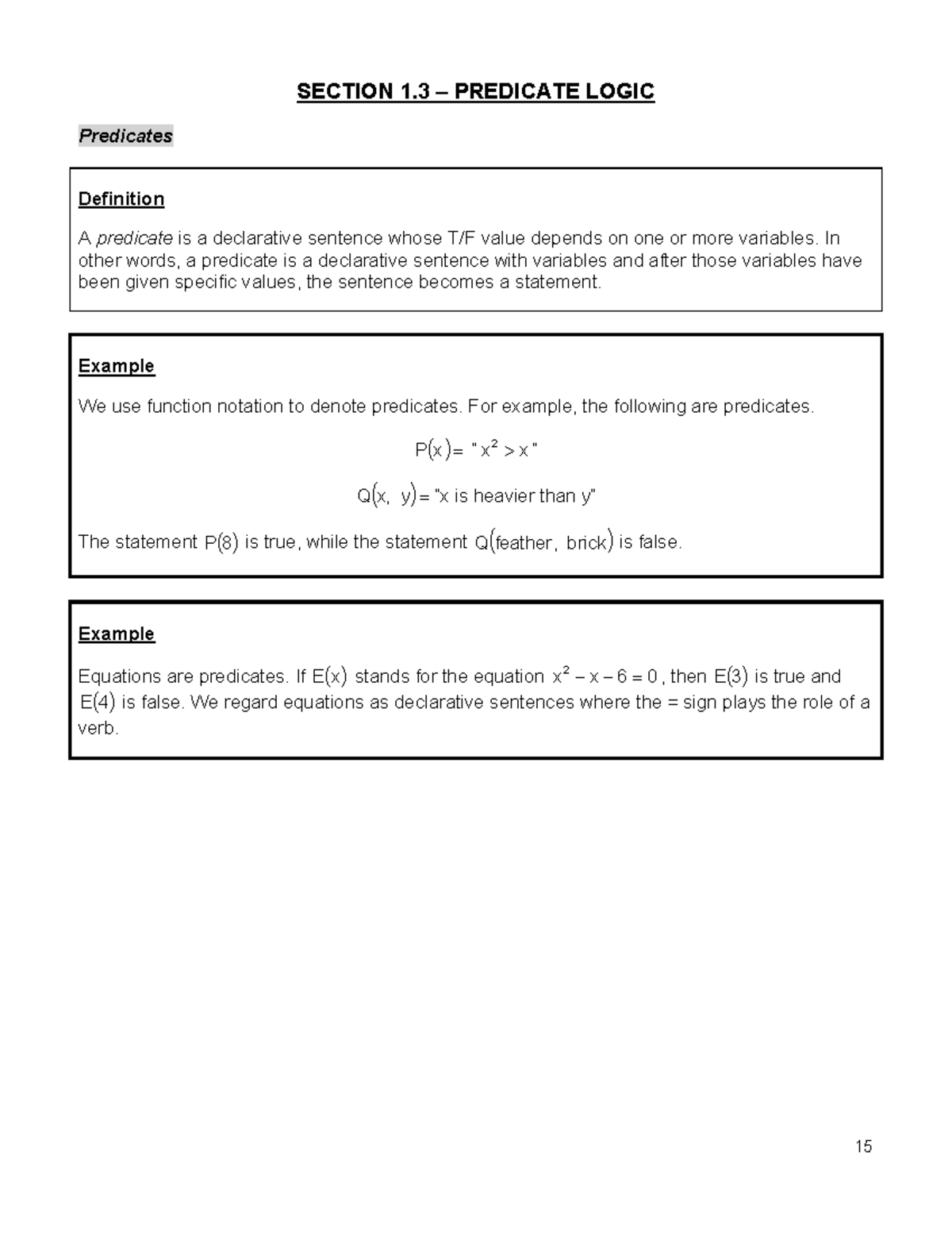 Section 1 - 1.3 - SECTION 1 – PREDICATE LOGIC Predicates Definition A ...