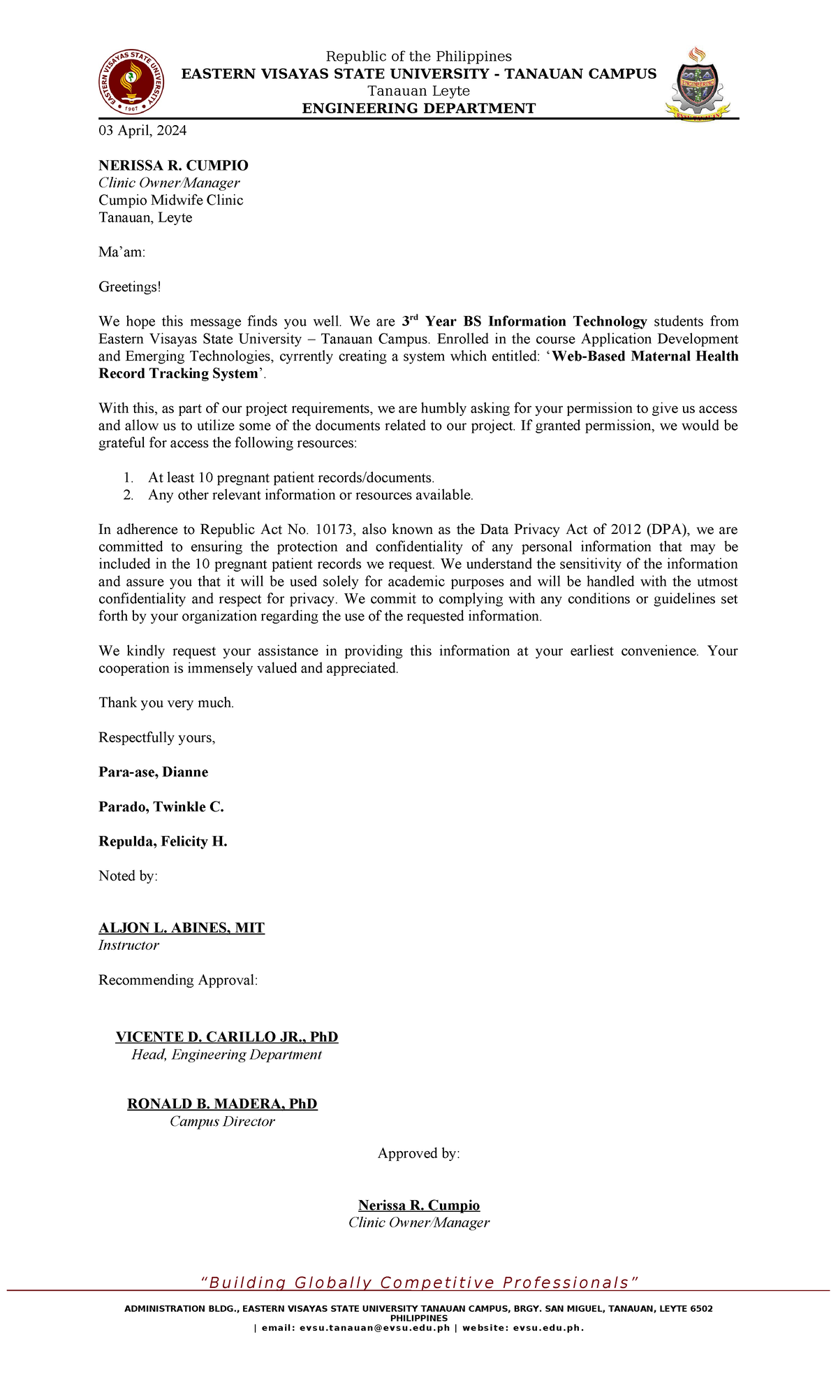 Approval-Letter - Republic of the Philippines EASTERN VISAYAS STATE ...