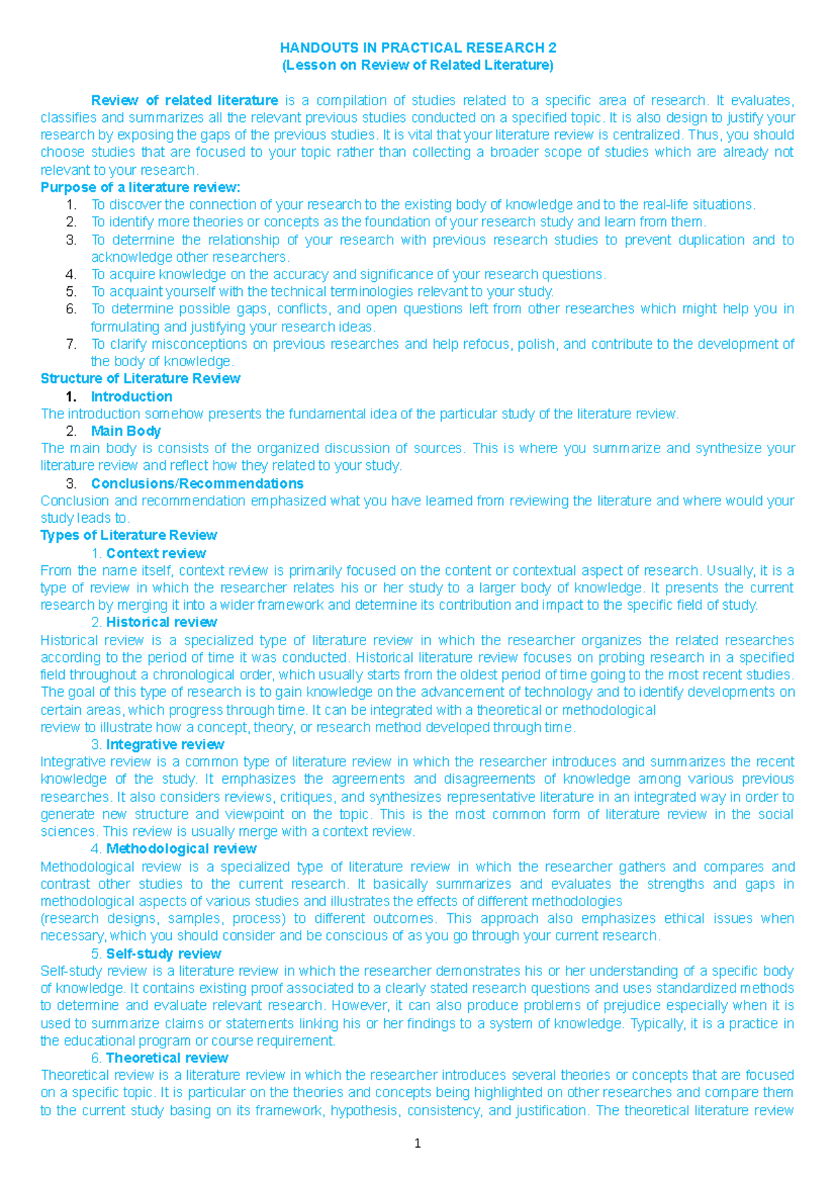 RRL - this is a lecture note in literature review - HANDOUTS IN ...