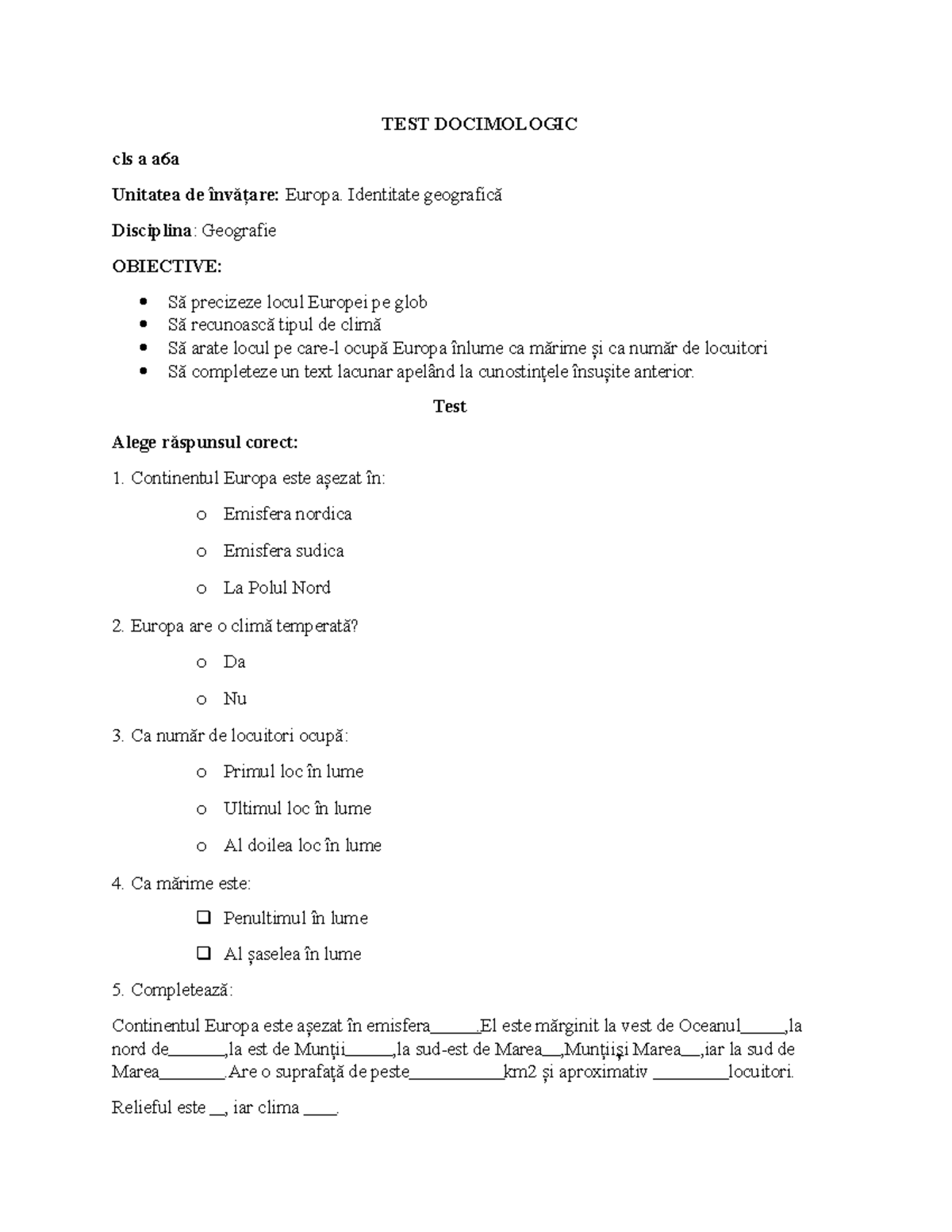 TEST Docimologic cls6 - TEST DOCIMOLOGIC cls a a6a Unitatea de învățare ...