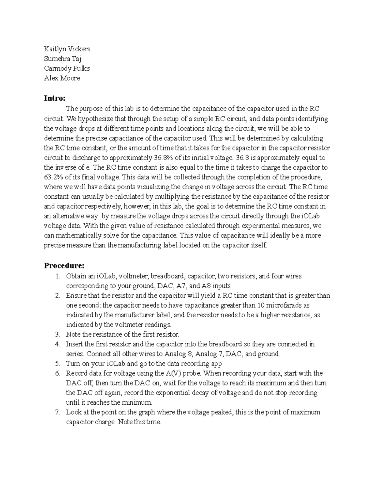 Physics 102 lab 4 - Kaitlyn Vickers Sumehra Taj Carmody Fulks Alex ...