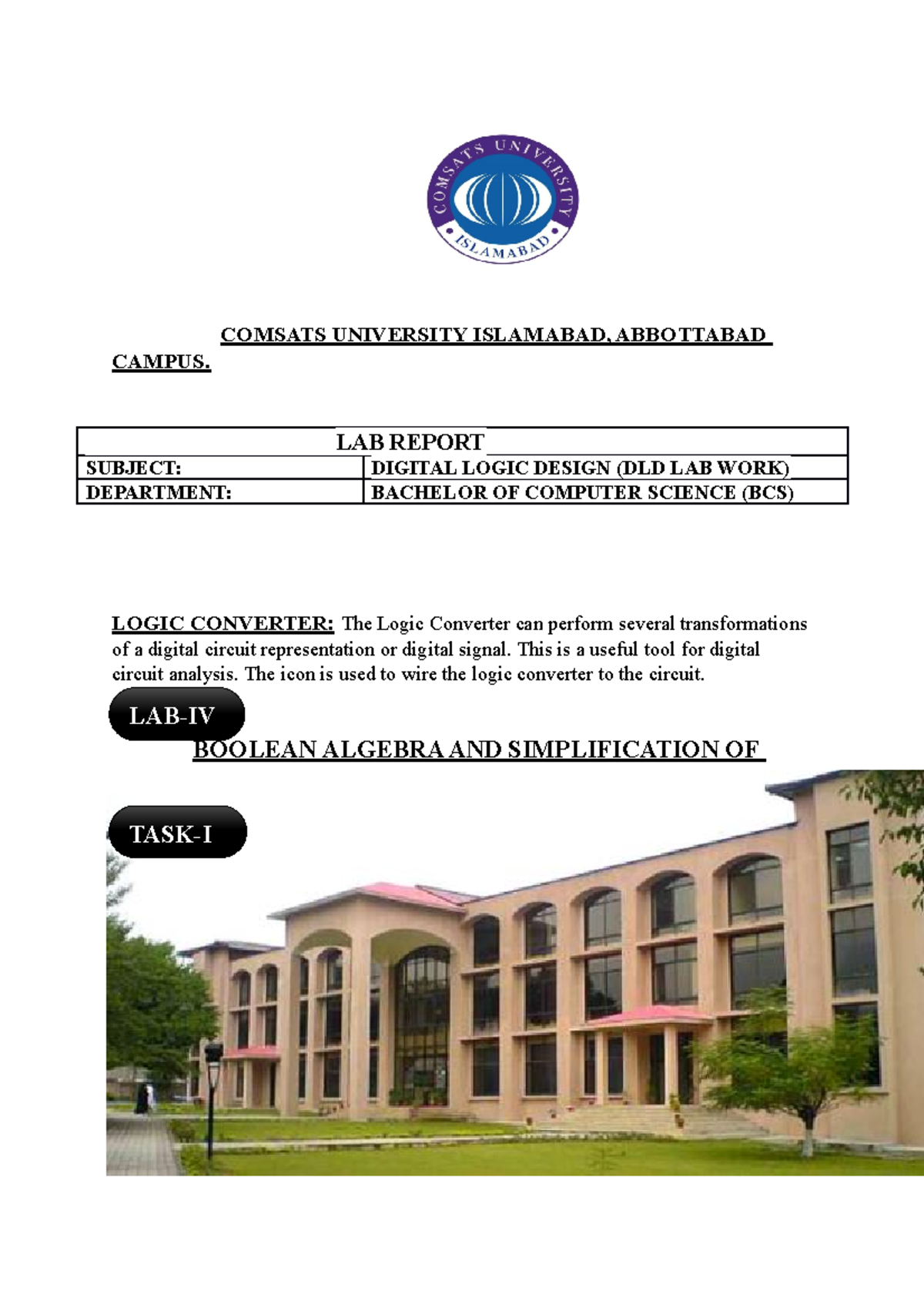 DLD 01[LAB REPORT] LAB-IV[BOOLEAN ALGEBRA AND SIMPLIFICATION OF BOOLEAN EXPRESSIONS.] - COMSATS ...