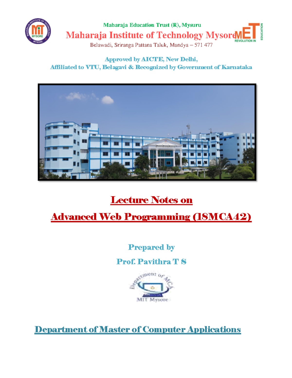 AWT-Module 1-5 - MCA - Maharaja Education Trust (R), Mysuru Maharaja Institute of Technology ...