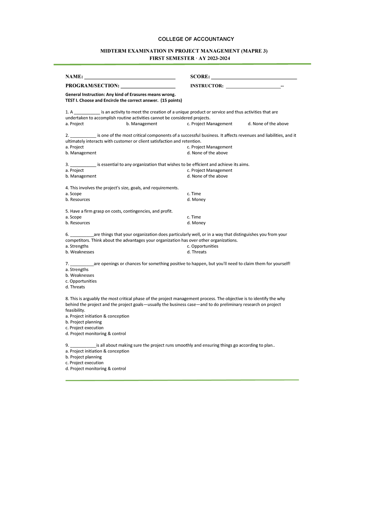 Project Management Midterm EXAM - MIDTERM EXAMINATION IN PROJECT MANAGEMENT (MAPRE 3) FIRST ...