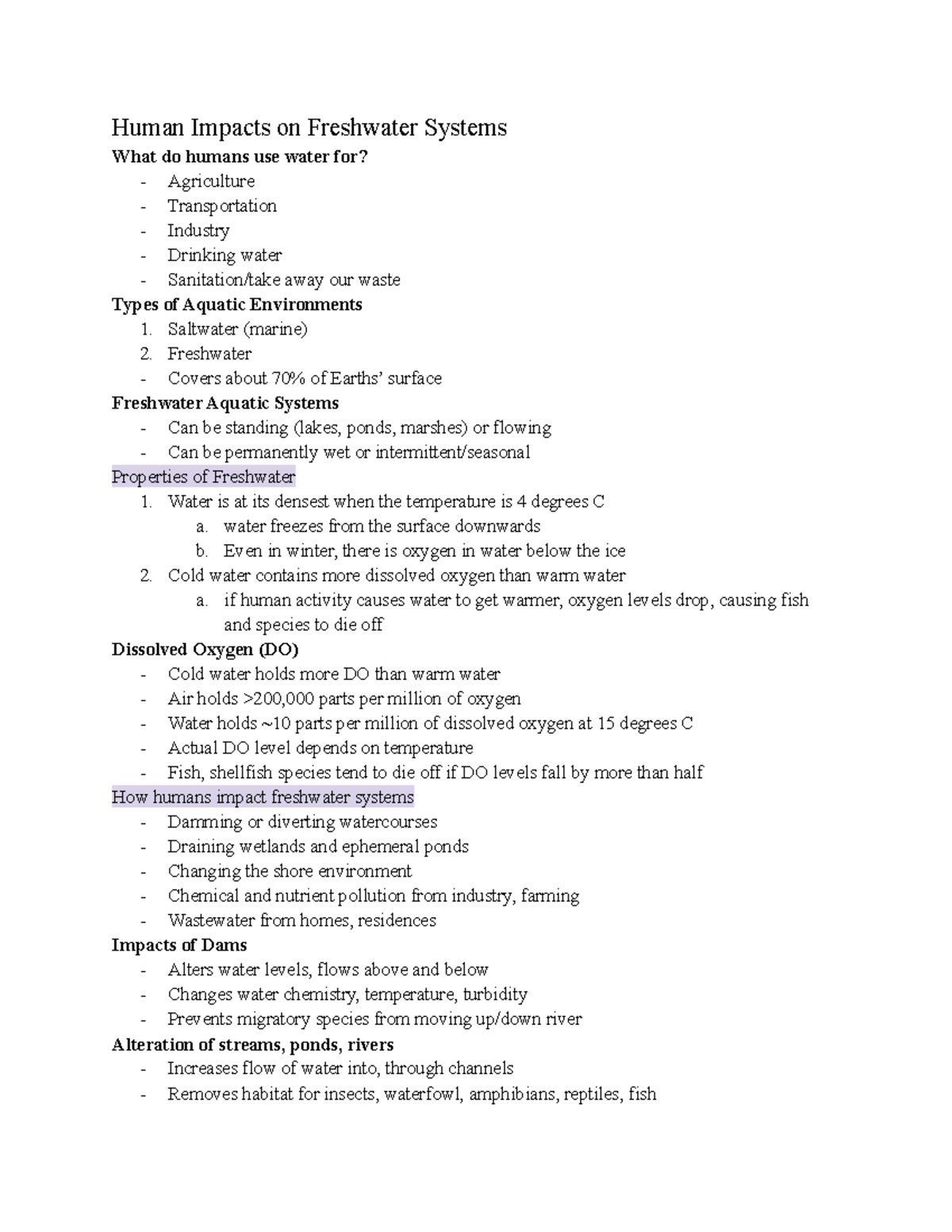 4.1 Freshwater Systems - Human Impacts on Freshwater Systems What do ...