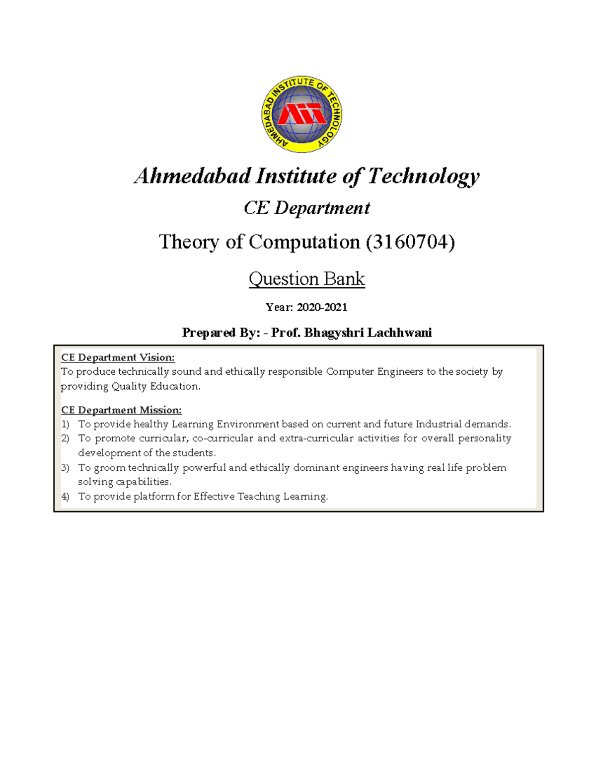 6. TOC Question bank - Ahmedabad Institute of Technology CE Department Theory of Computation ( 3 ...