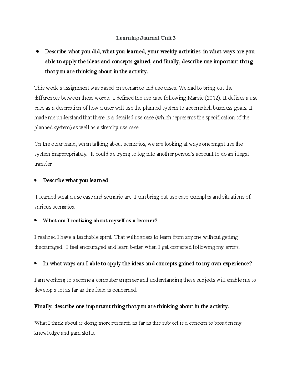 Learning Journal Unit 3 - This week’s assignment was based on scenarios ...