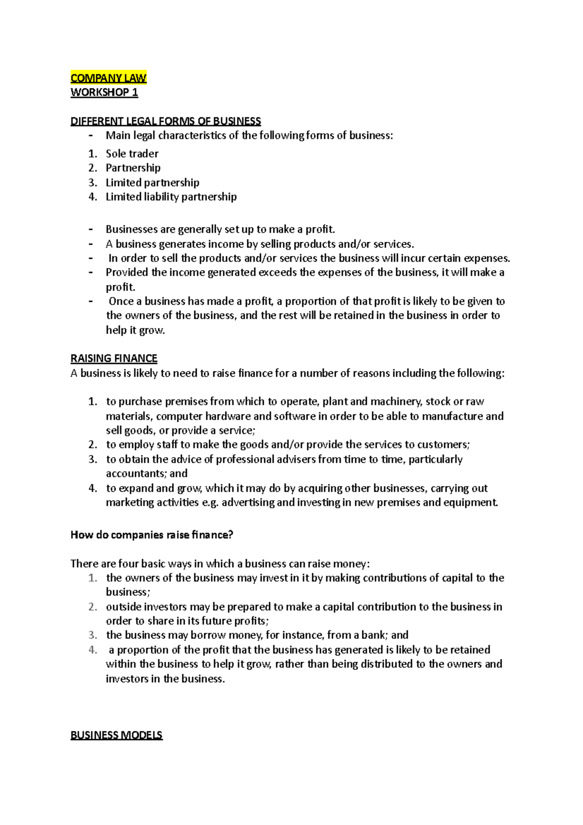 Legal Forms OF Business - COMPANY LAW WORKSHOP 1 DIFFERENT LEGAL FORMS ...