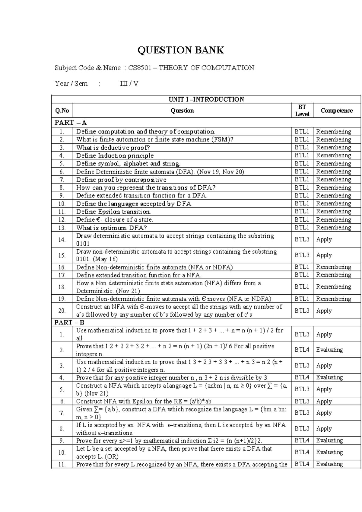 Question BANK - TOC - QUESTION BANK Subject Code & Name : CS8501 – THEORY OF COMPUTATION Year ...