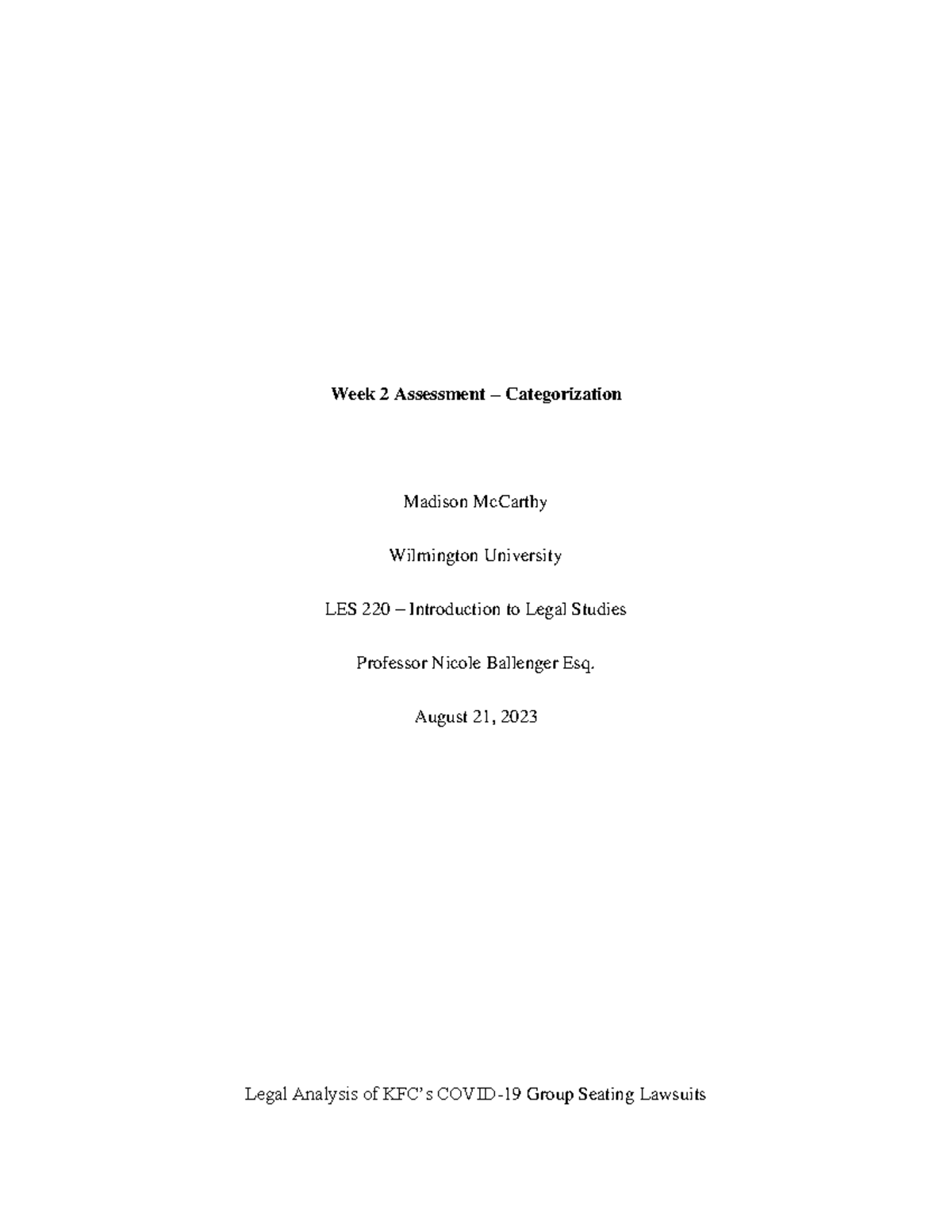 Week 2 Assessment - Catergorization - Week 2 Assessment ...