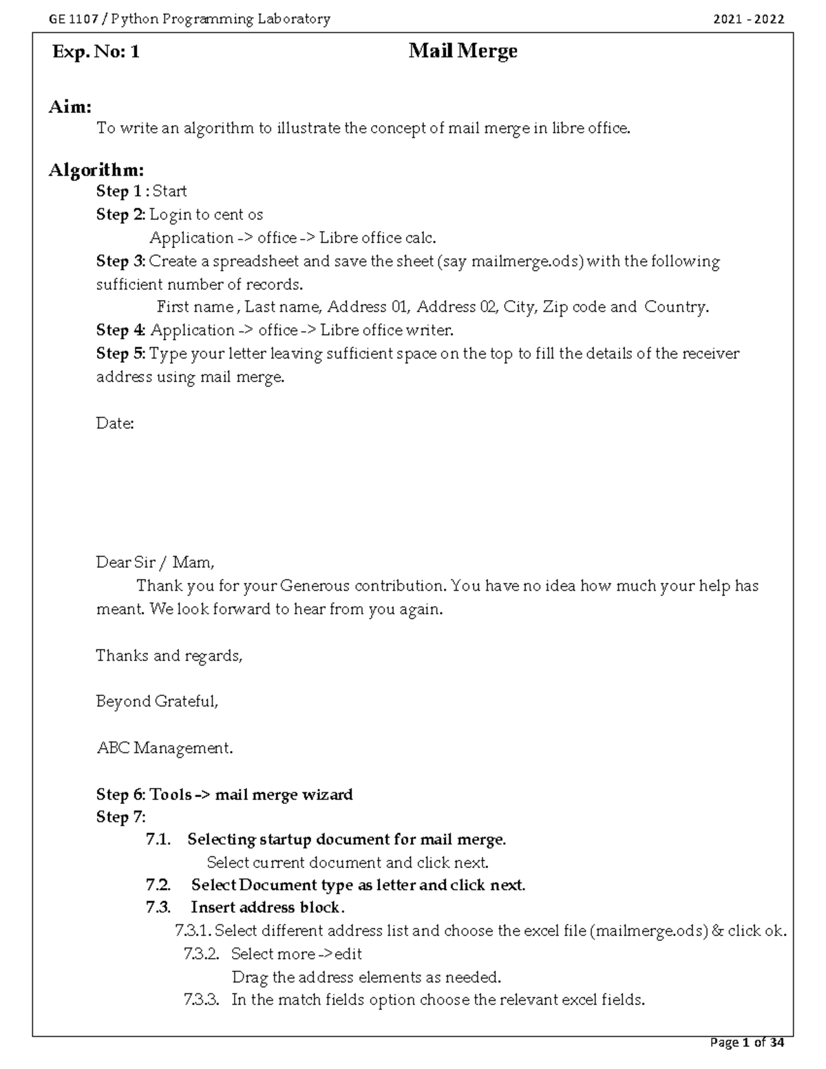 Py lab - nice - Exp. No: 1 Mail Merge Aim: To write an algorithm to ...