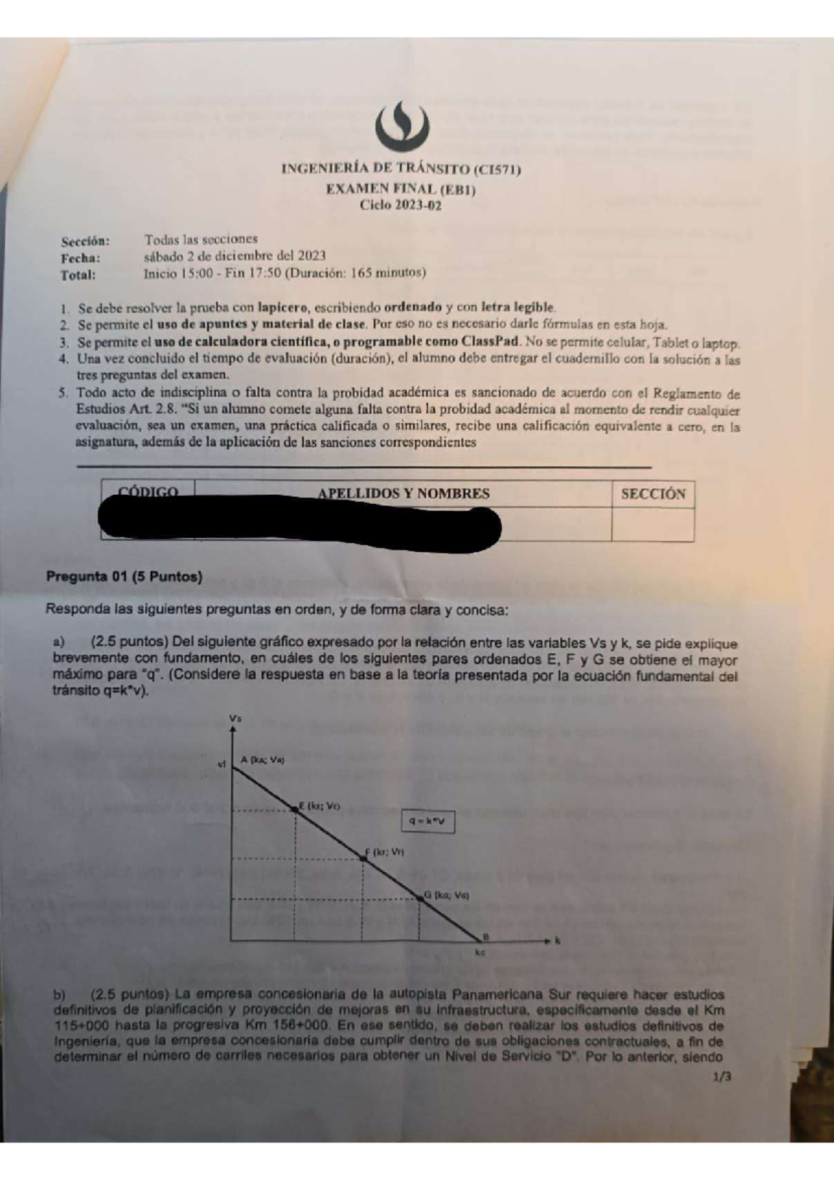 EB Transito 2023-02 - Examen Final - INGENIERÍA DE TRÁNSITO (CI571) EXAMEN FINAL (EB1) Ciclo ...