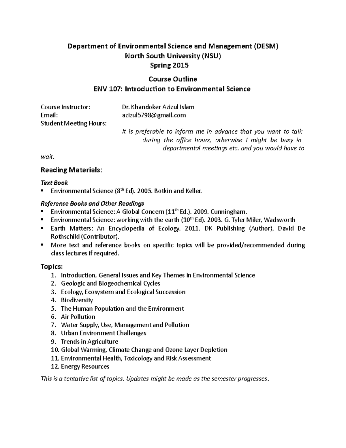 Course Outline ENV107 AAd - Department of Environmental Science and ...