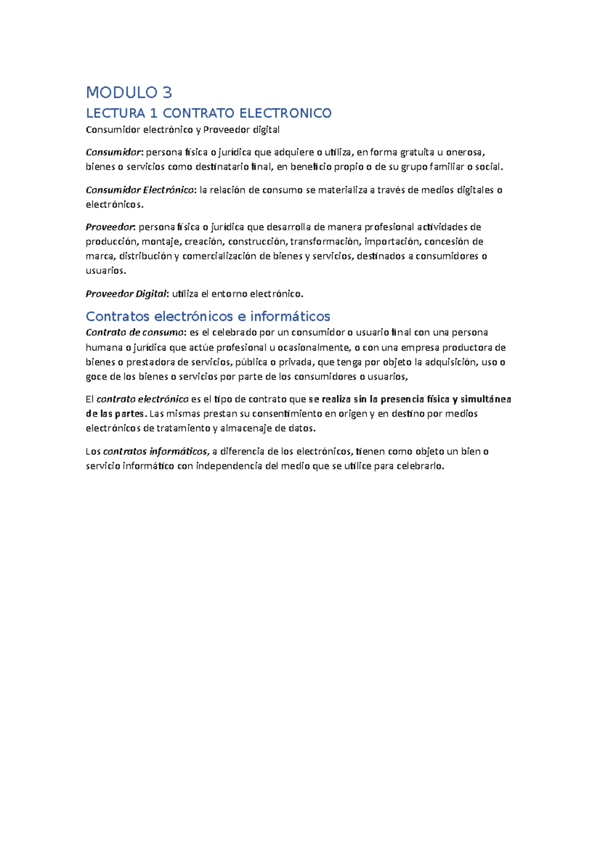 Resumen m3 y m4 legislacion de proyectos - MODULO 3 LECTURA 1 CONTRATO ELECTRONICO Consumidor ...