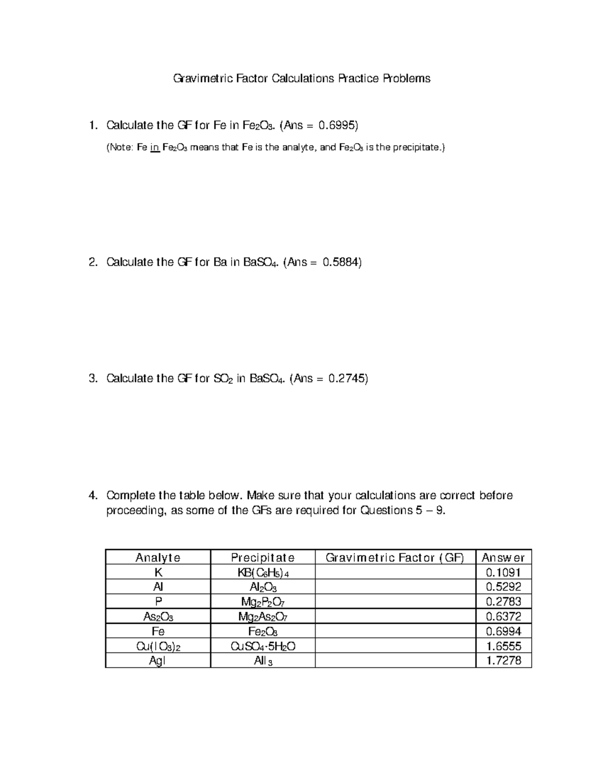 Gravimetric Analysis Worsheet - Gravimetric Factor Calculations ...