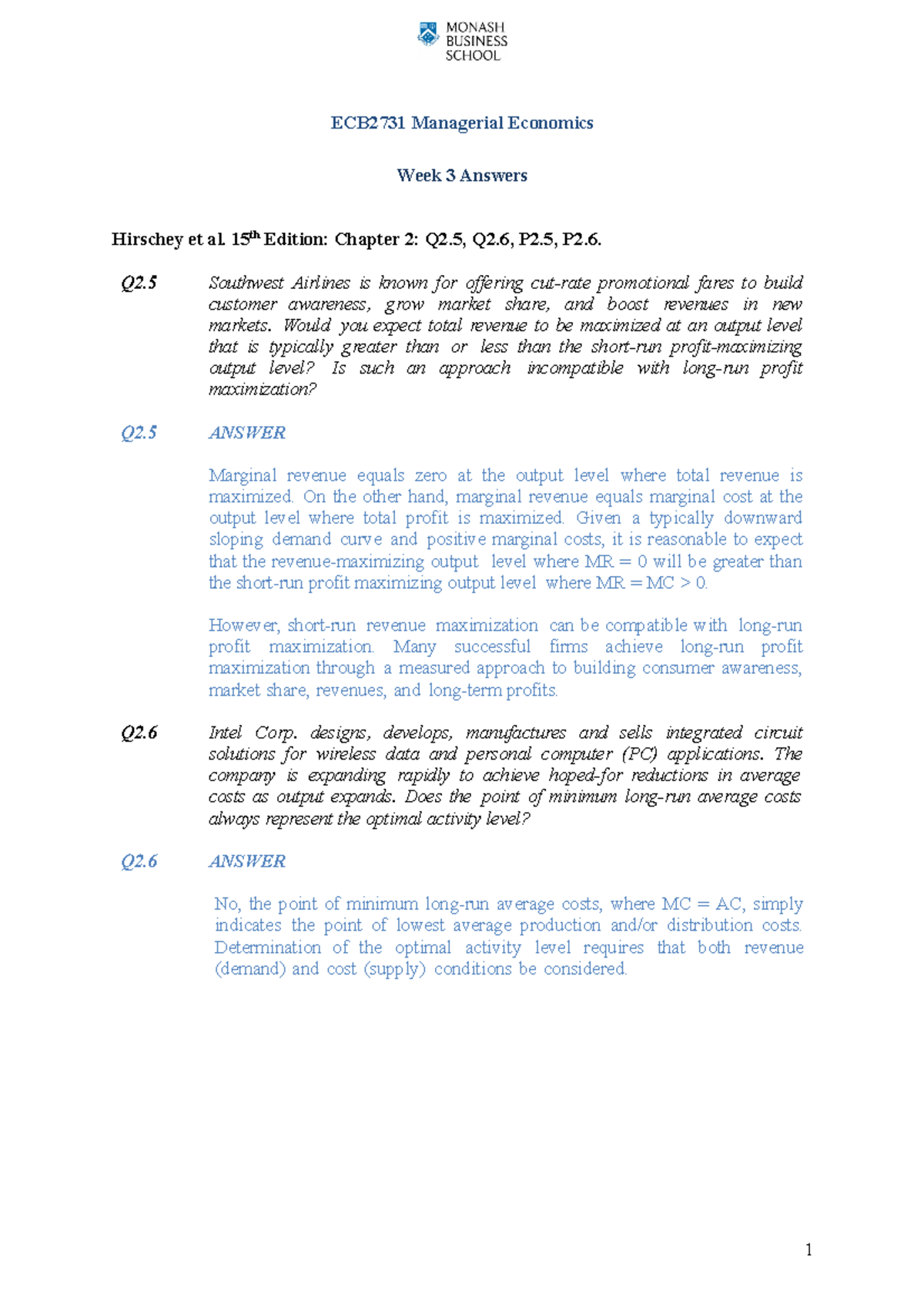 Managerial Economics Week 3 economic optimisation answers - ECB2731 ...