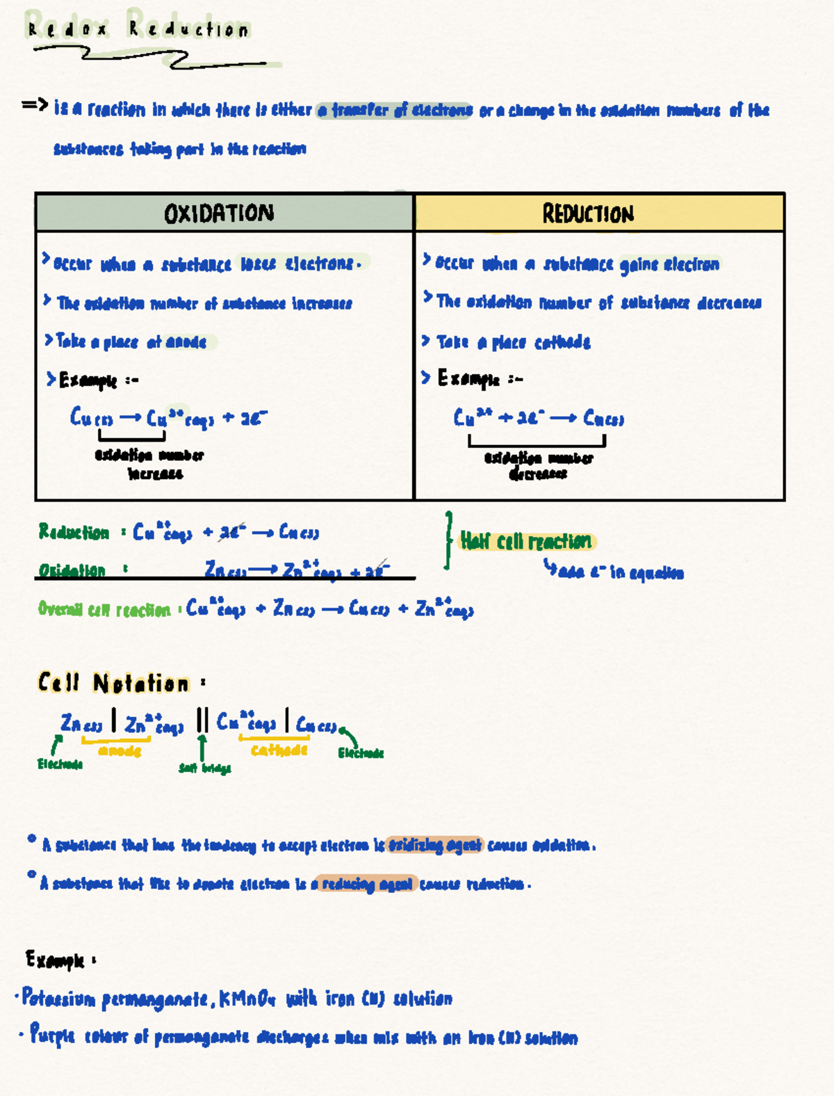 Notes Redox Reaction - Redox Reduction is a reaction ...
