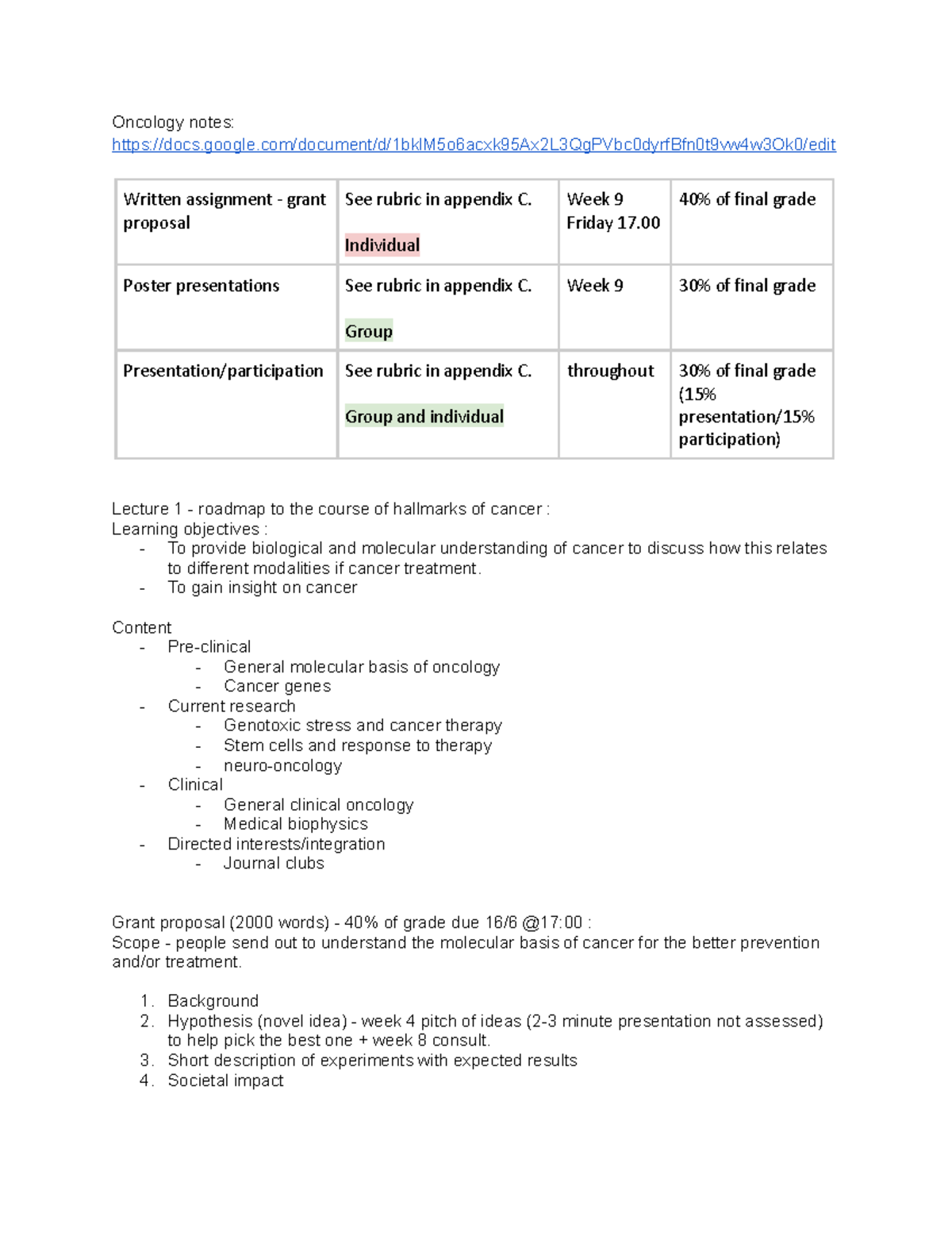 Oncology notes - Oncology notes: - Studeersnel