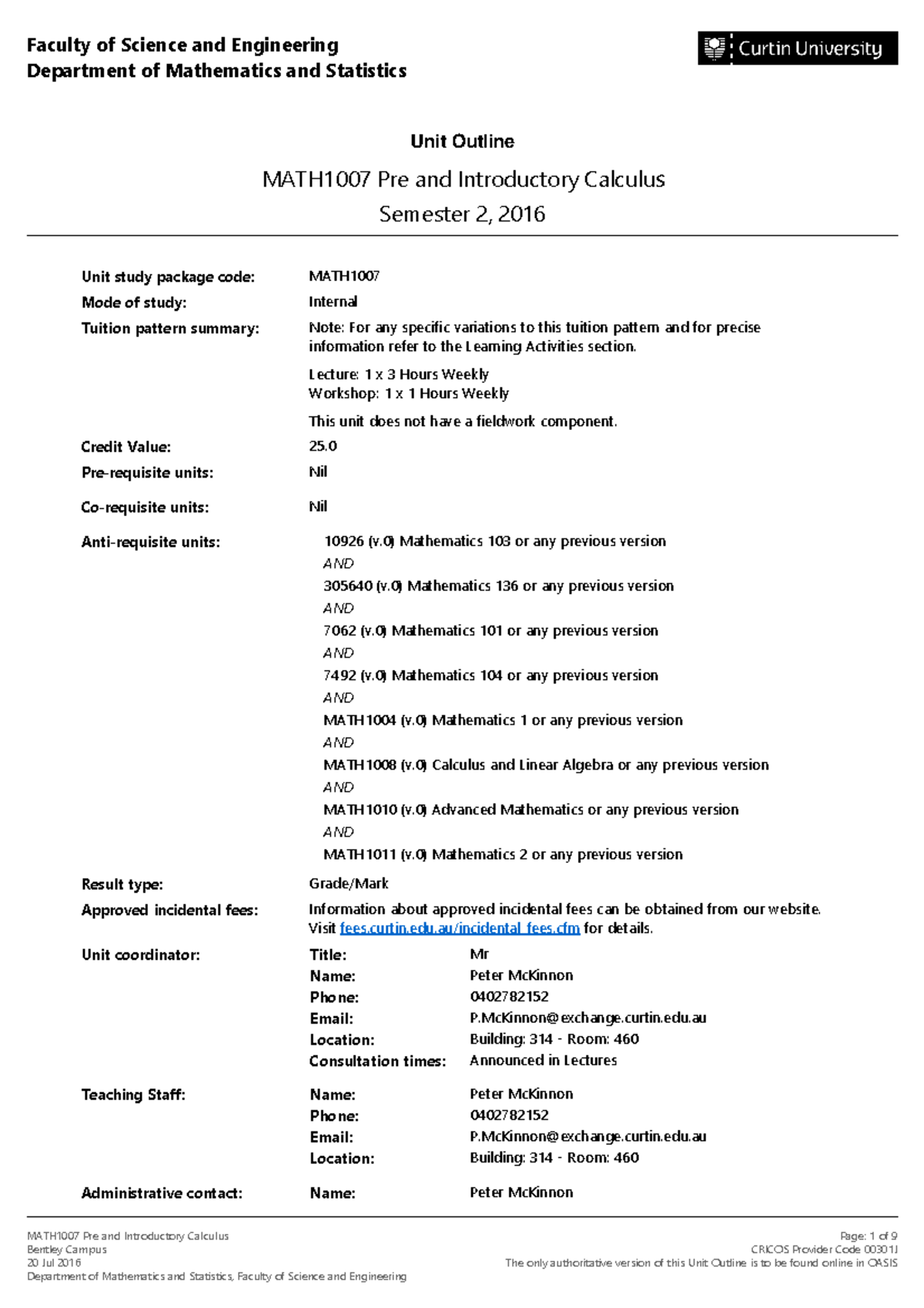 MATH1007 Pre and Introductory Calculus Semester 2 2016 Bentley Campus ...