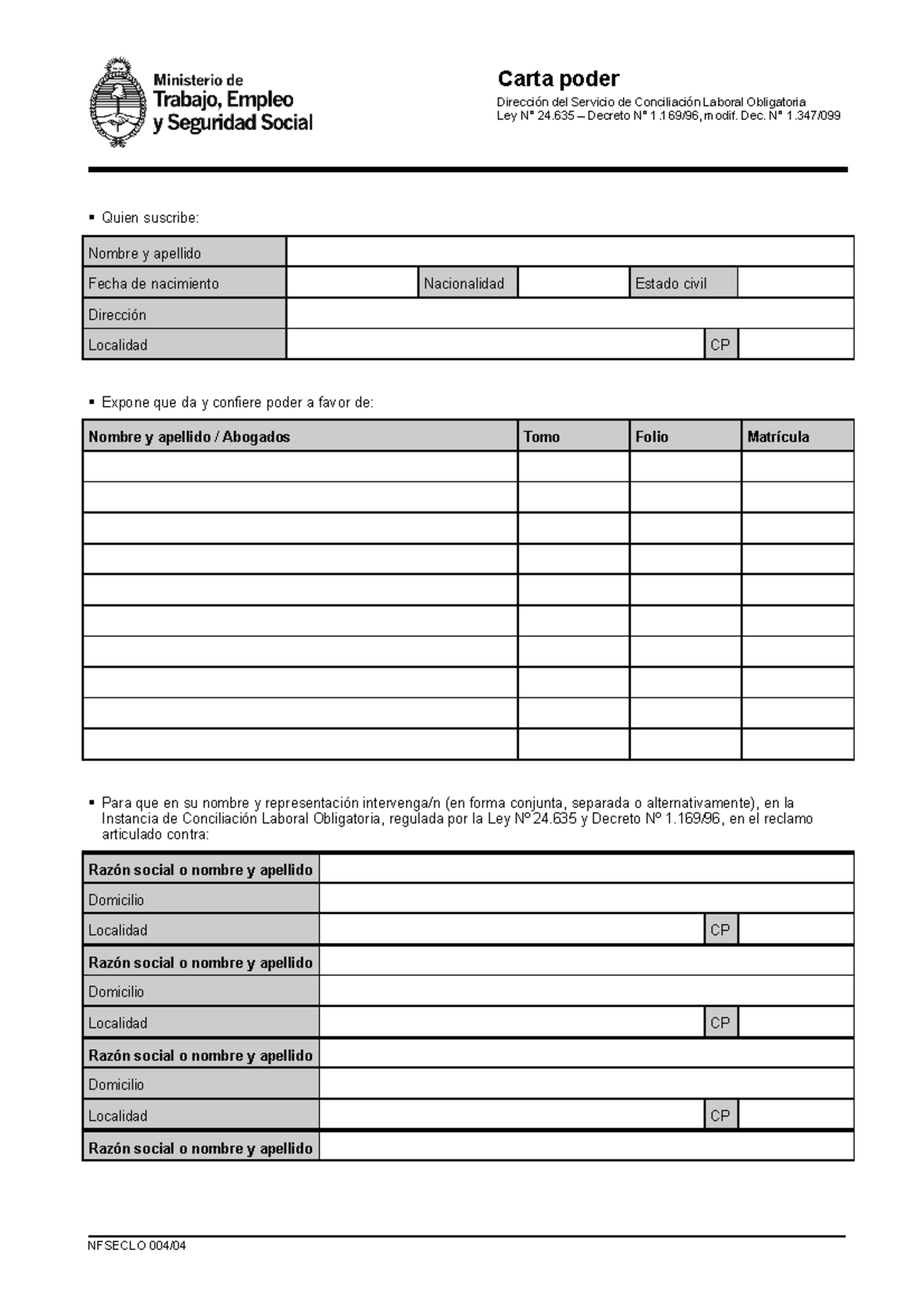 Carta poder seclo - Carta poder Dirección del Servicio de Conciliación ...
