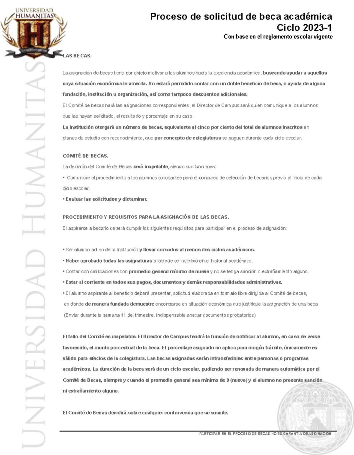 Proceso Becas 2023-1 - LAS BECAS. La asignación de becas tiene por ...