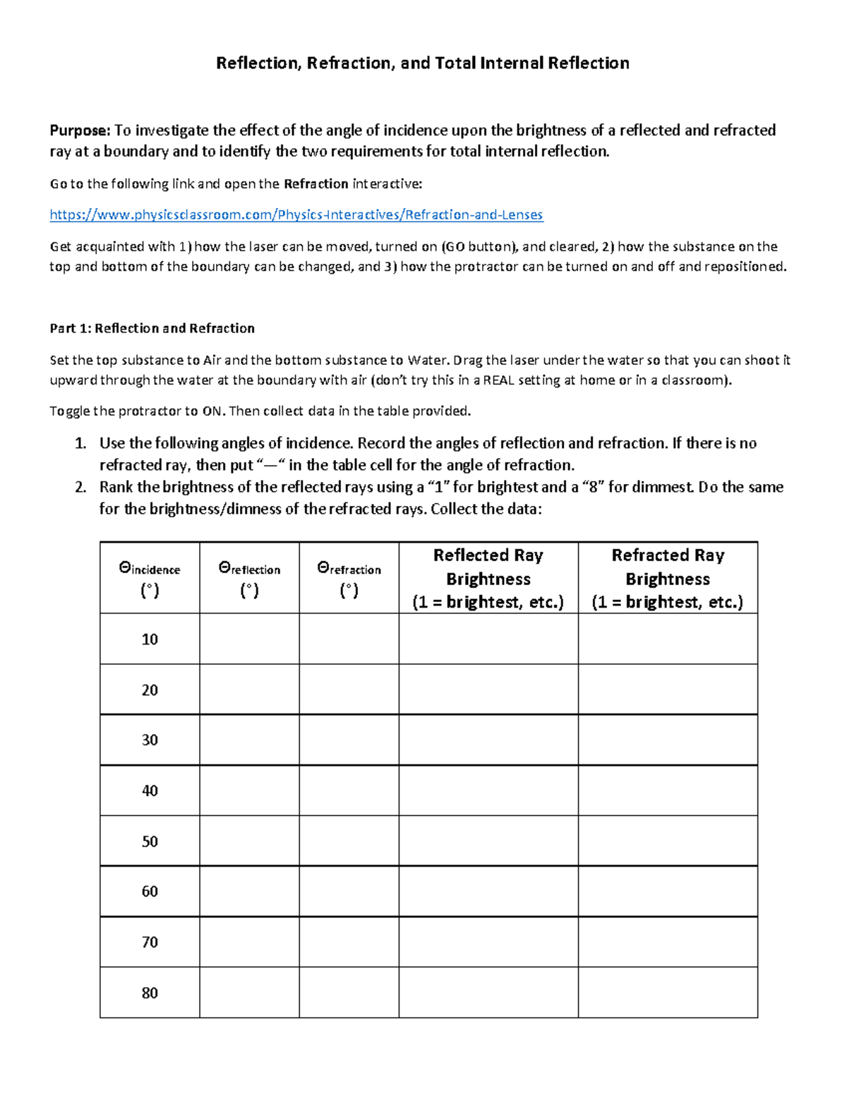 Reflection, Refraction, and Total Internal Reflection - Go to the ...