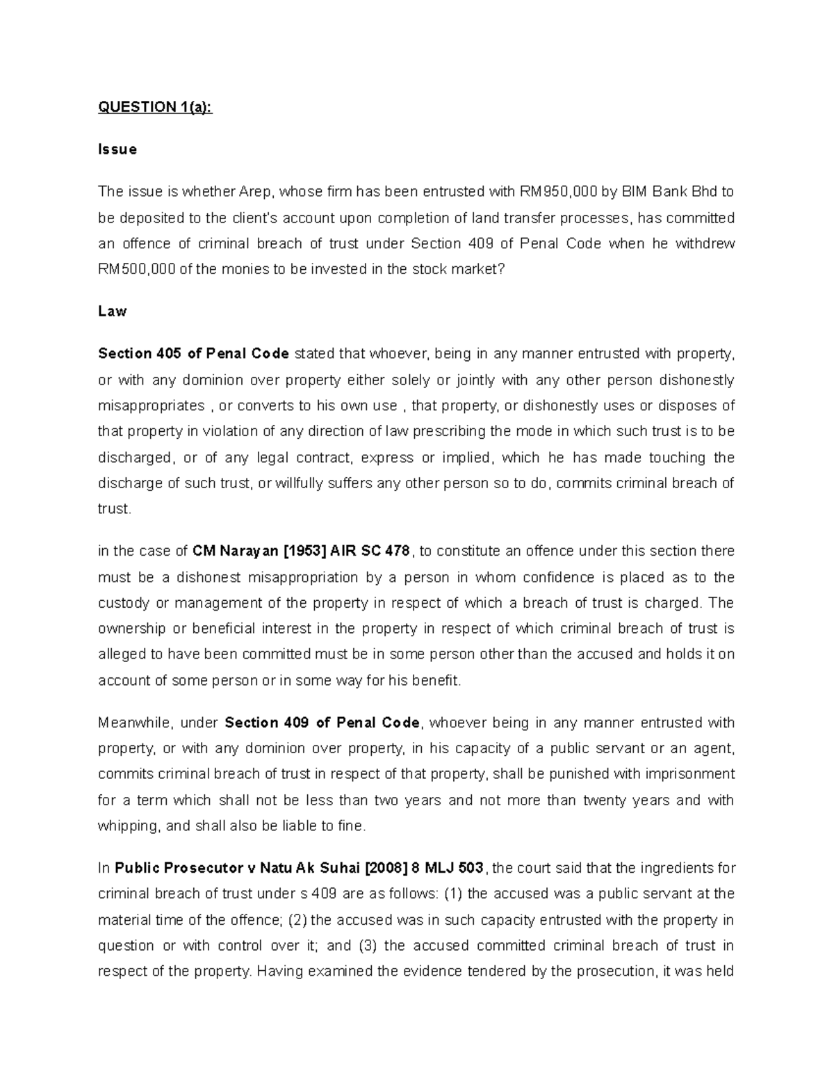 LAW555 Final Assessment Feb 2021 Sample Answer - QUESTION 1(a): Issue ...