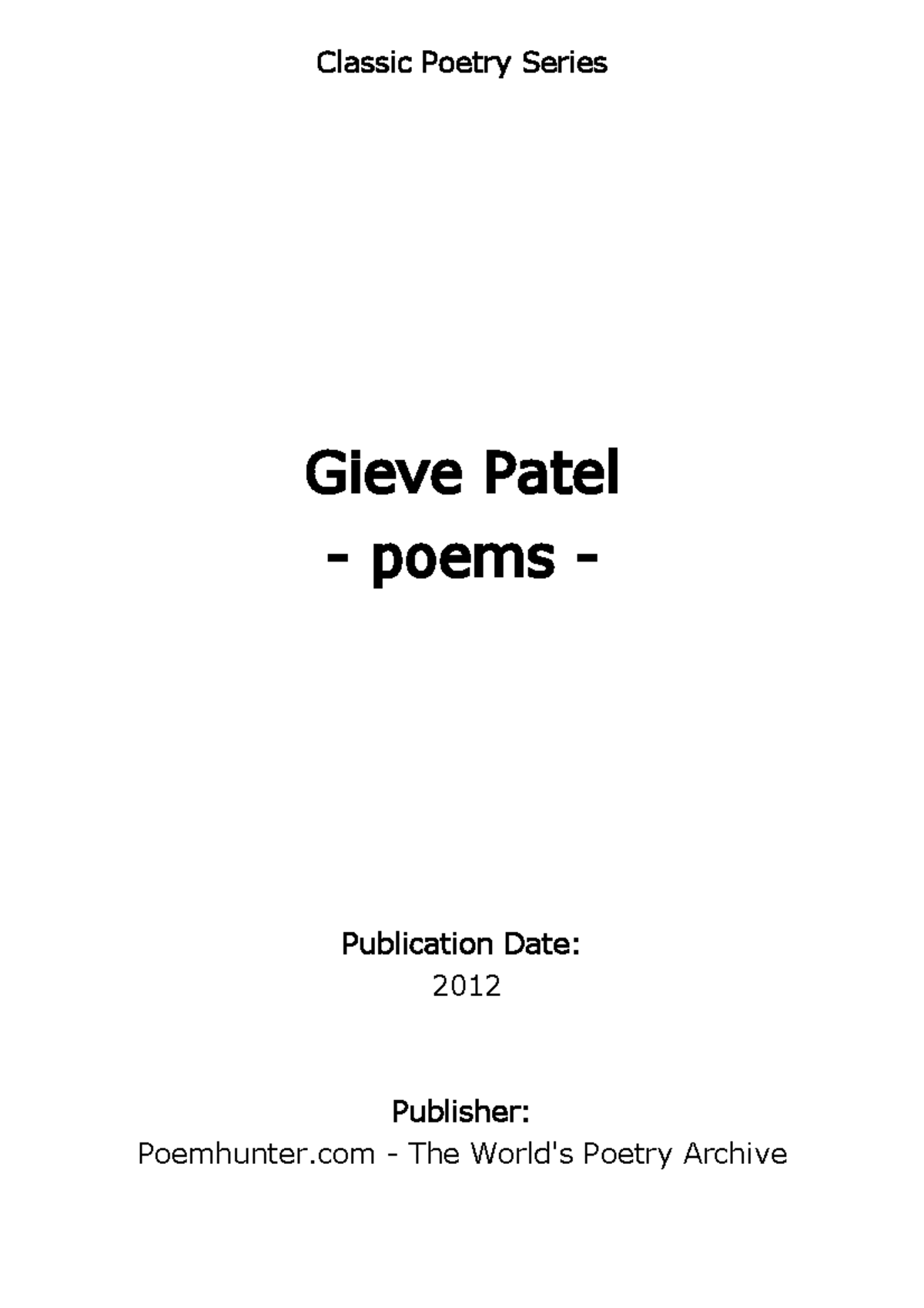 Gieve Patel - Classic Poetry Series Gieve Patel - poems - Publication ...