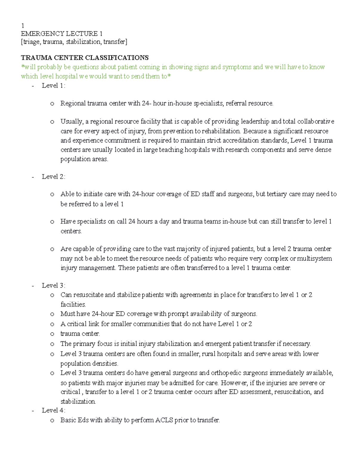 Emergency lecture 1 typed notes - EMERGENCY LECTURE 1 [triage, trauma ...