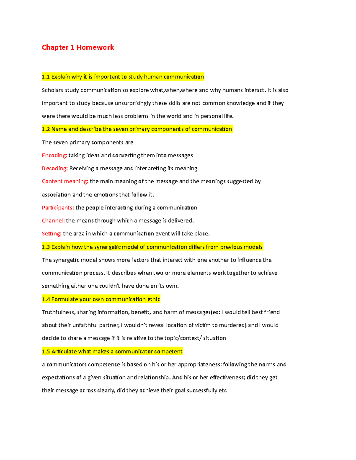 Chapter One Homework - Covers complexities of the communication process ...