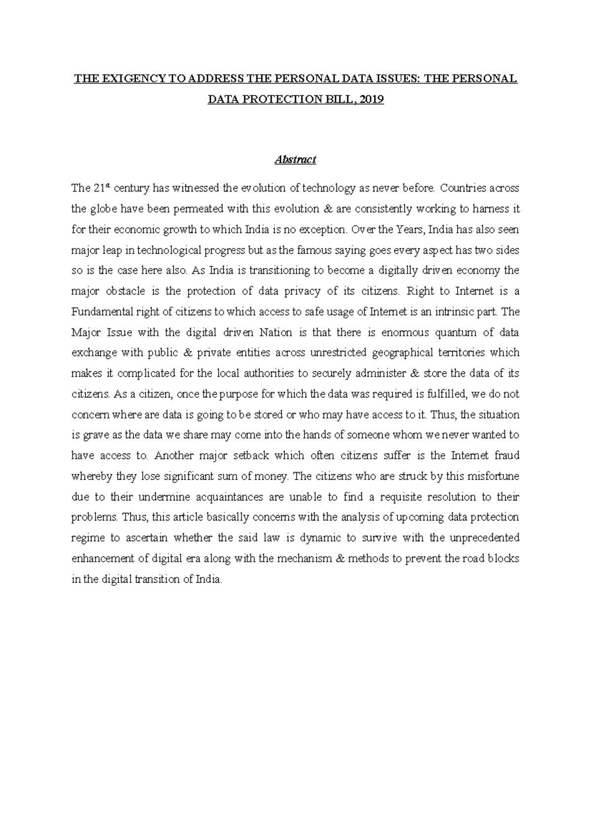 The Urgent Need of data Protection Regime - THE EXIGENCY TO ADDRESS THE ...