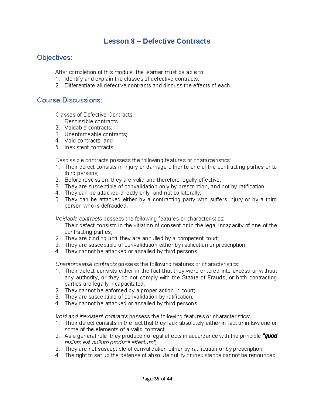 Hhhhmmmppp - Oblicon - Lesson 8 Gefective Contracts ONjectives: After completion of this module ...
