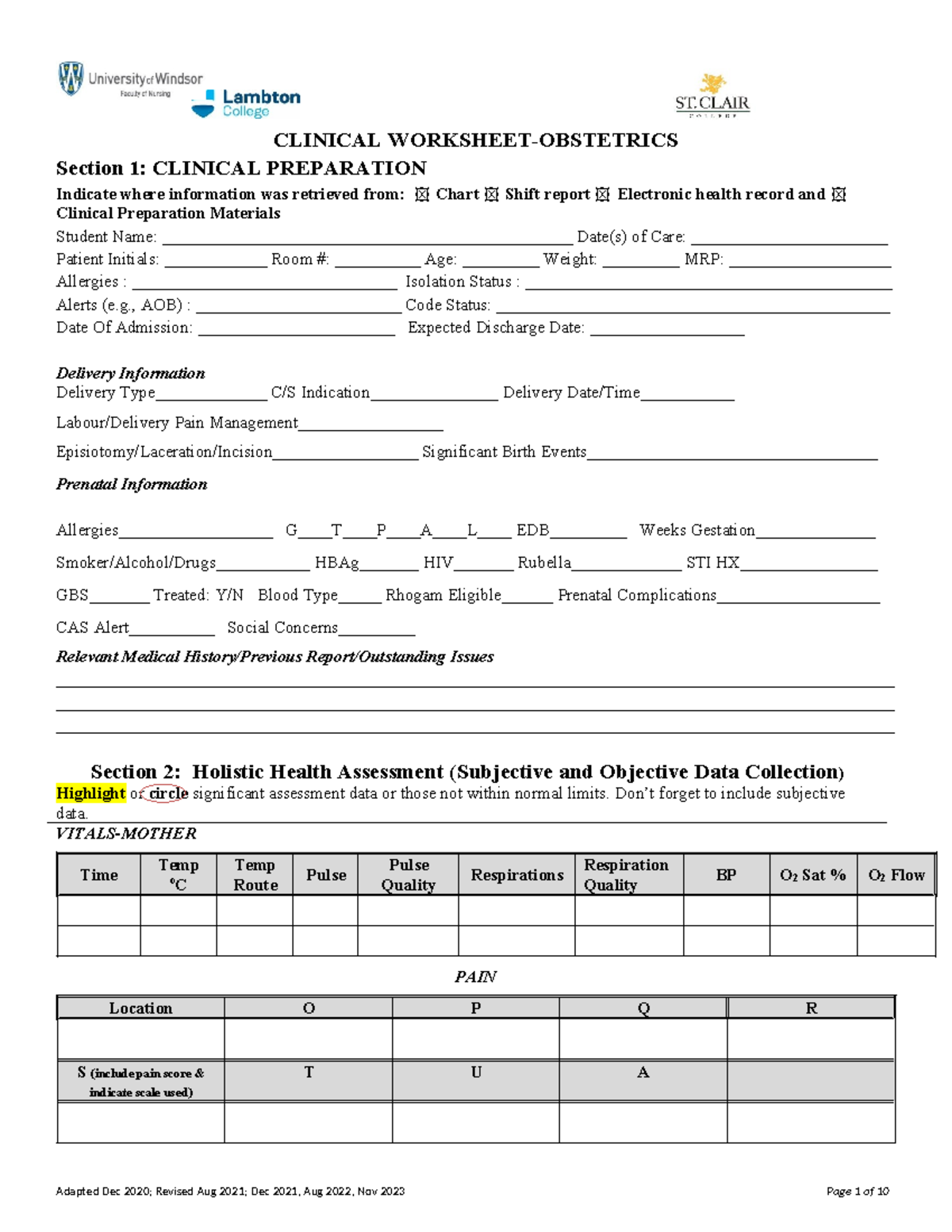 OB Clinical Worksheet Fall 2024 - CLINICAL WORKSHEET-OBSTETRICS Section ...