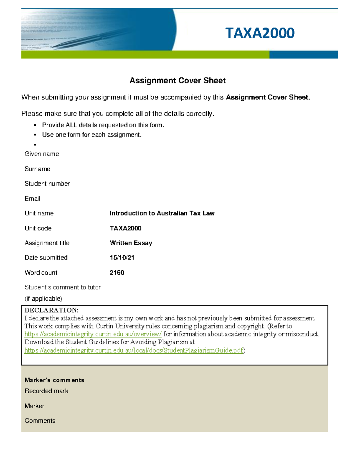 TAXA2000 Written Essay Assignment 1 - TAXA Assignment Cover Sheet When ...